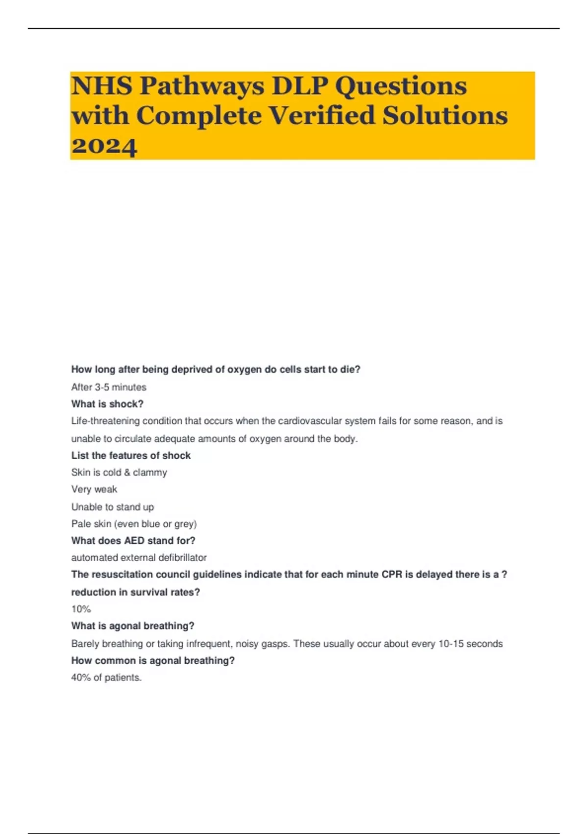 NHS Pathways DLP Questions with Complete Verified Solutions 2024 - NHS ...