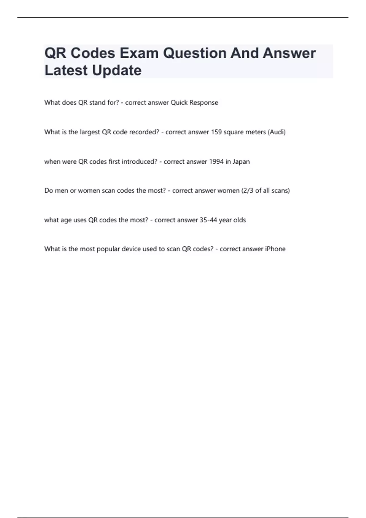 QR Codes Exam 2 Question And Answer Latest Update - QR Code - Stuvia US