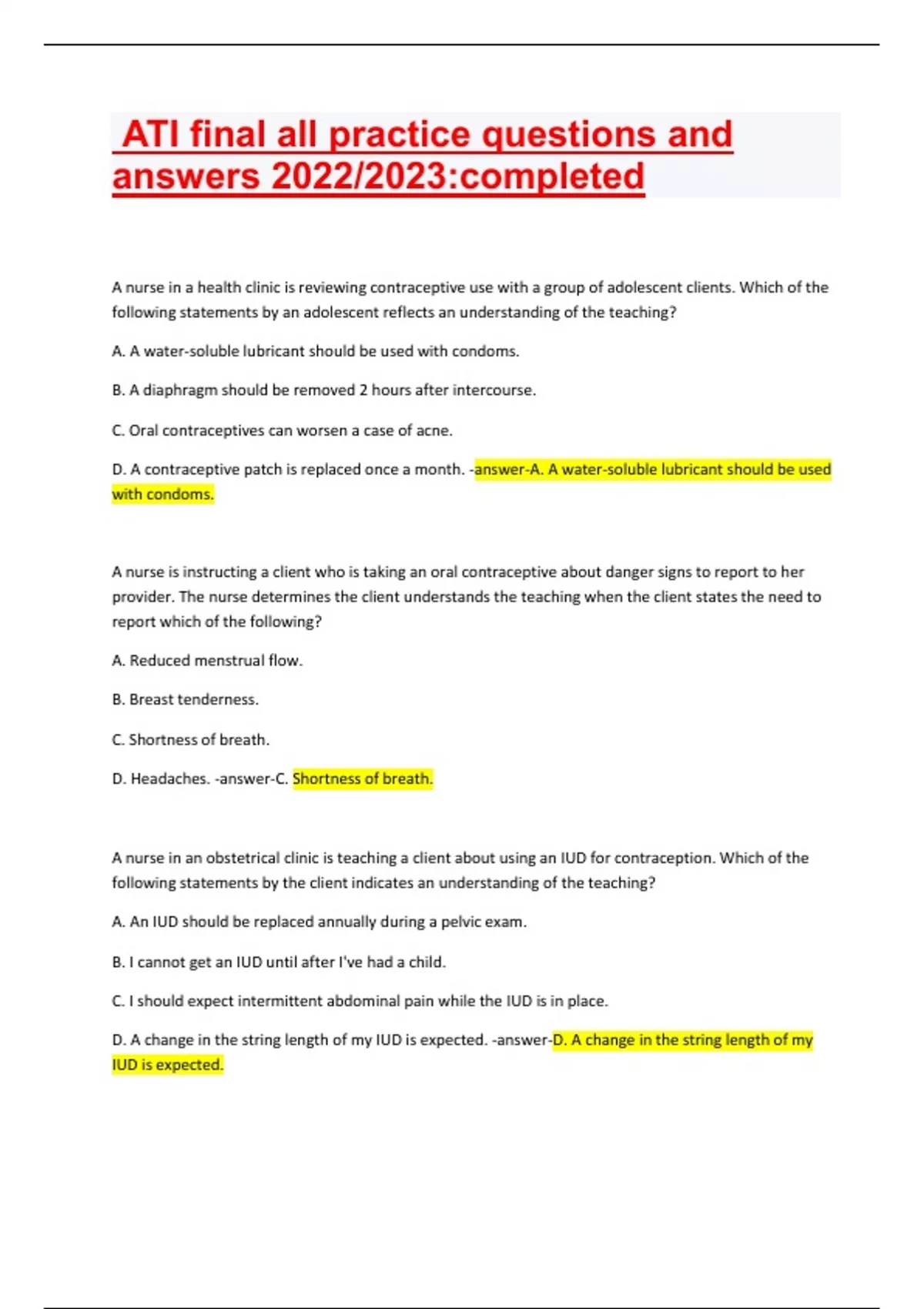 ATI final all practice questions and answers 2022/2023:completed - ATI ...