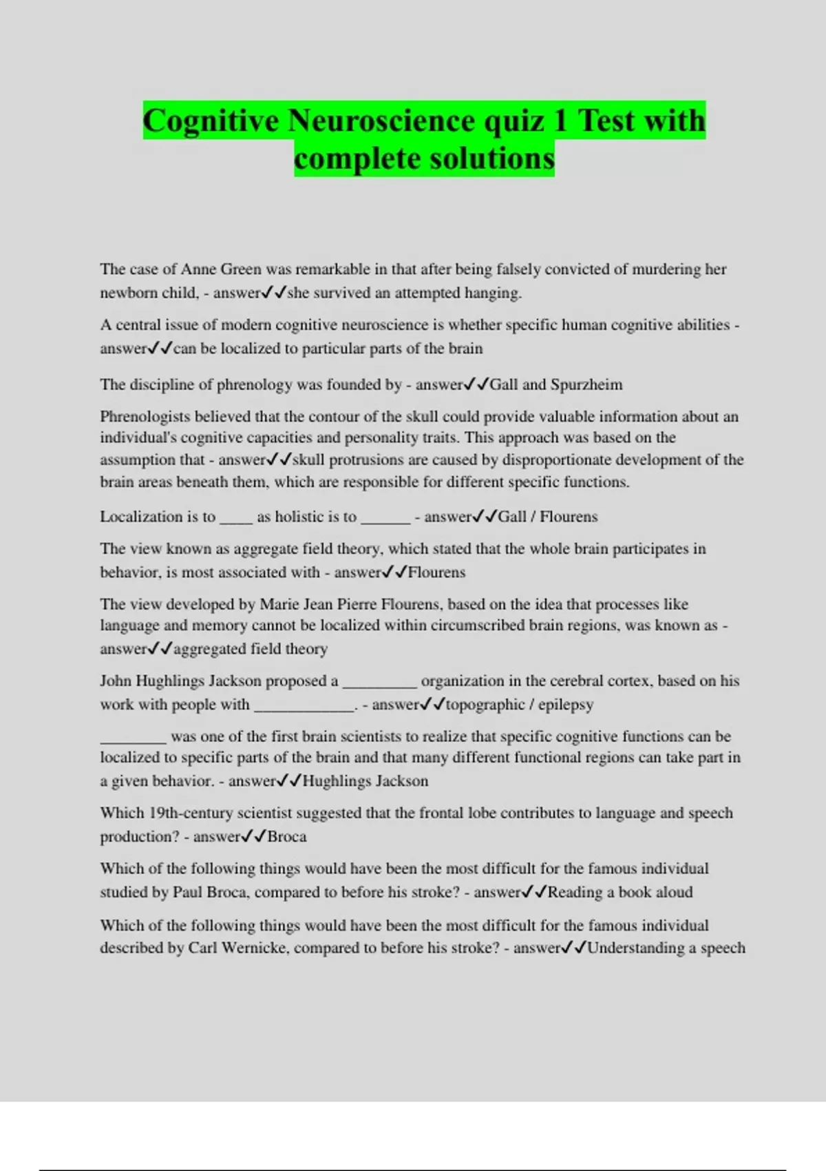 Cognitive Neuroscience quiz 1 Test with complete solutions - Cognitive ...