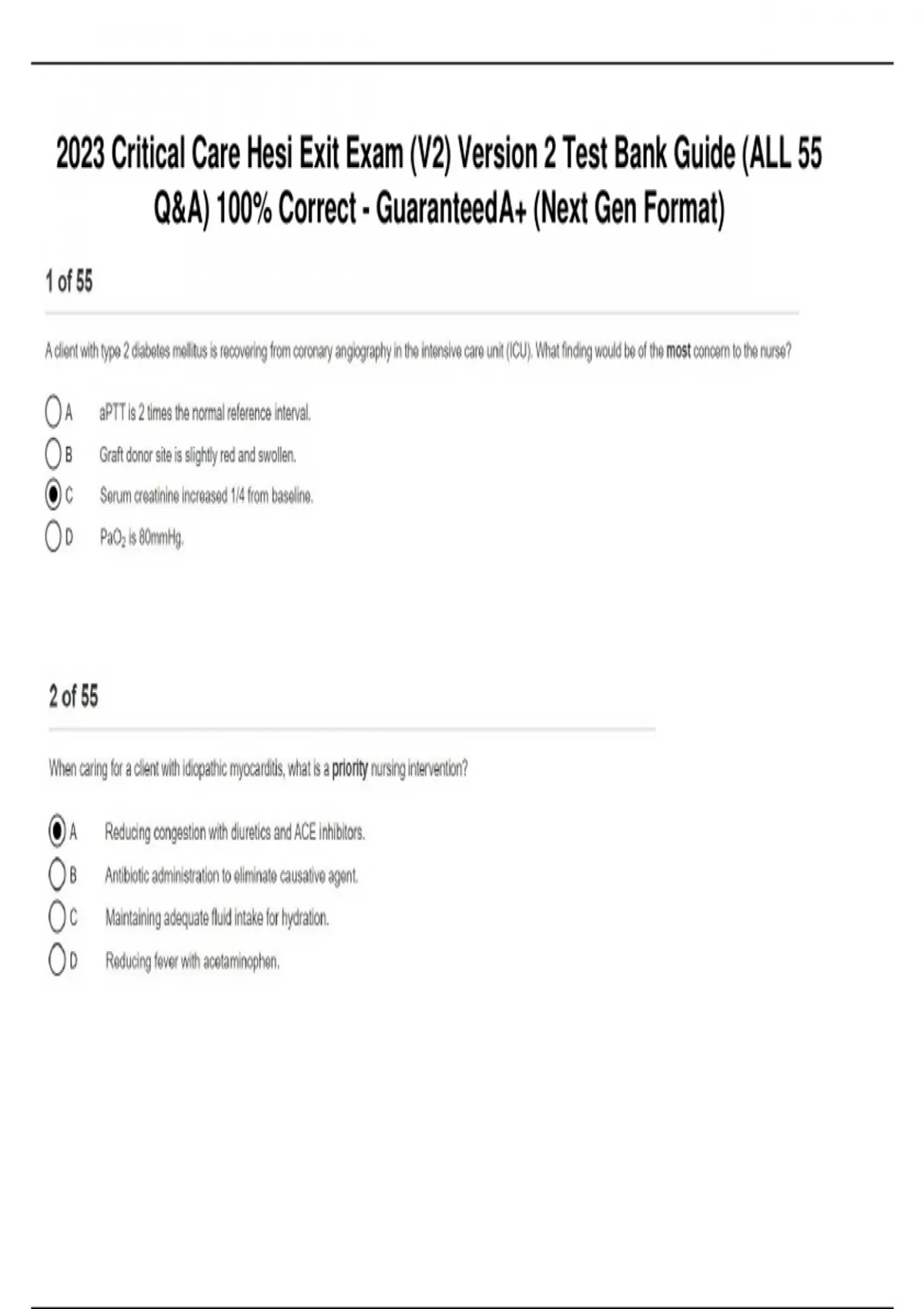 2023 Critical Care Hesi Exit Exam (V2) Version 2 Test Bank Guide (ALL ...