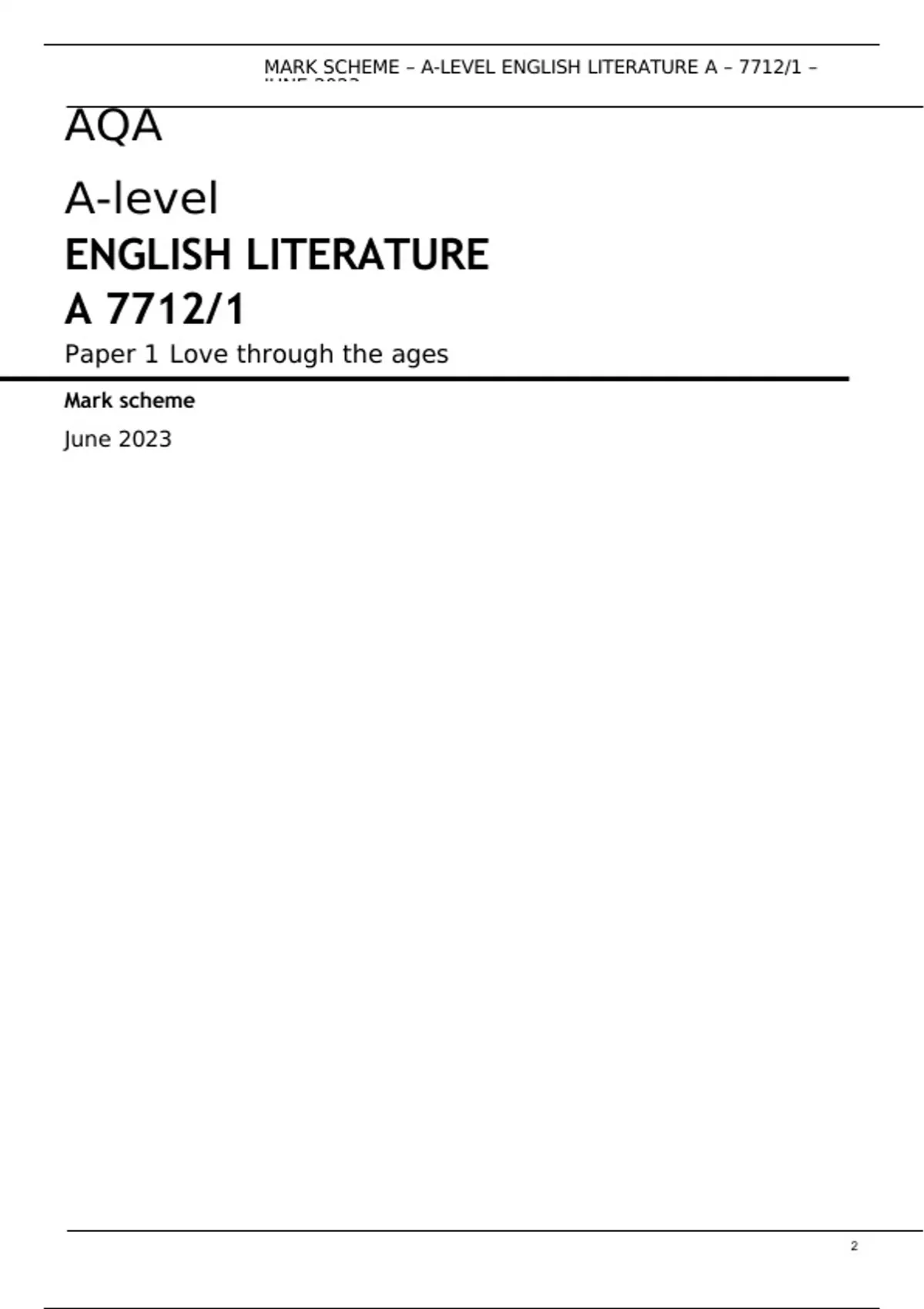 AQA A-level ENGLISH LITERATURE A 7712/1 Paper 1 Love through the ages Mark scheme June 2023 ...