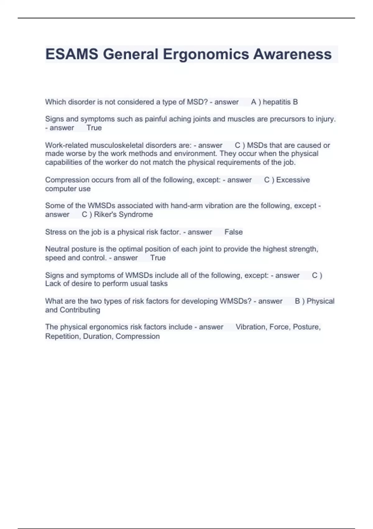 ESAMS General Ergonomics Awareness Questions and Answers 2024 - Esams - Stuvia US