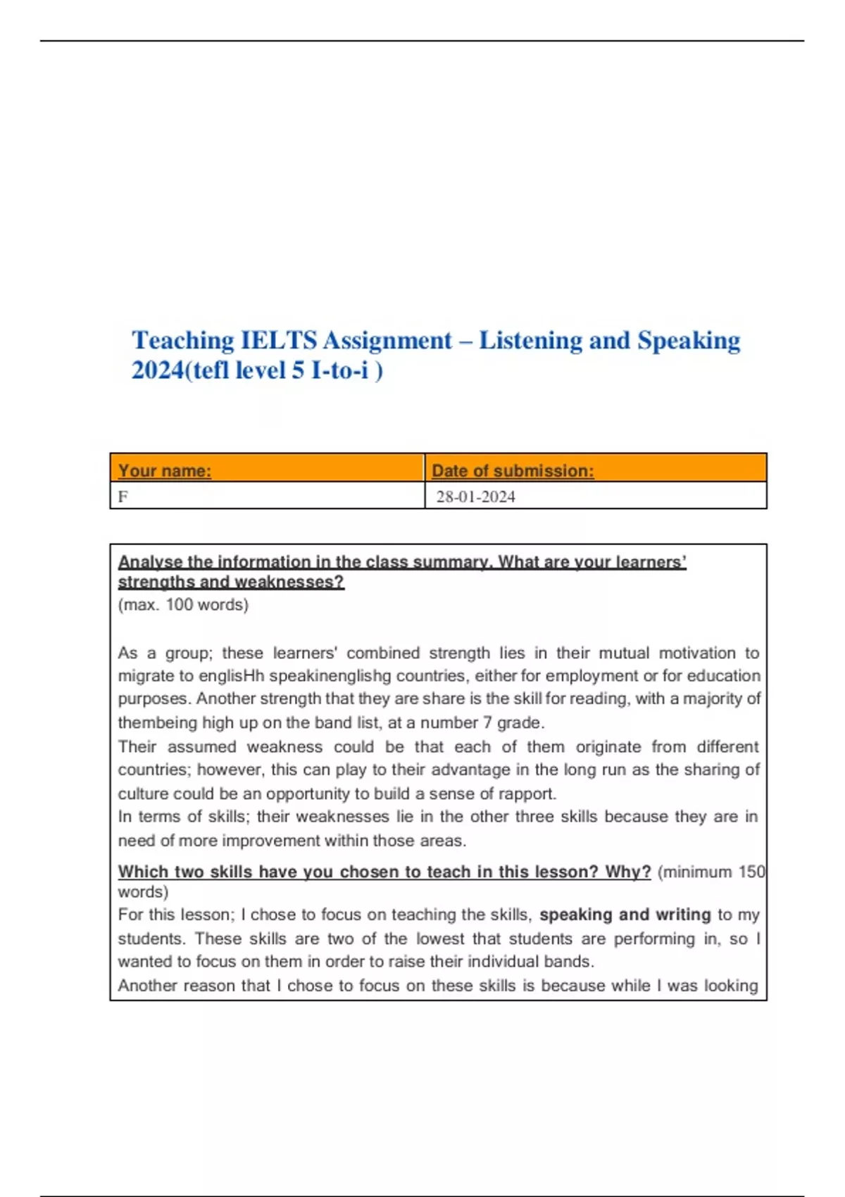 Teaching IELTS Assignment 2024 - listening and speaking - IELTS - Stuvia UK