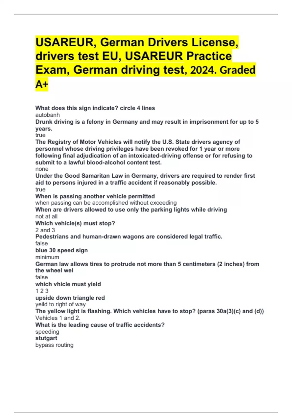 USAREUR, German Drivers License, drivers test EU, USAREUR Practice Exam ...