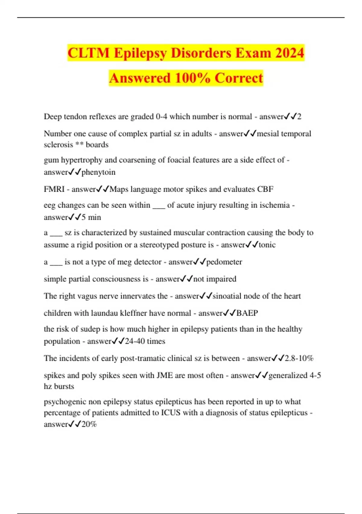 CLTM Epilepsy Disorders Exam 2024 Answered 100% Correct - Cltm - Stuvia US