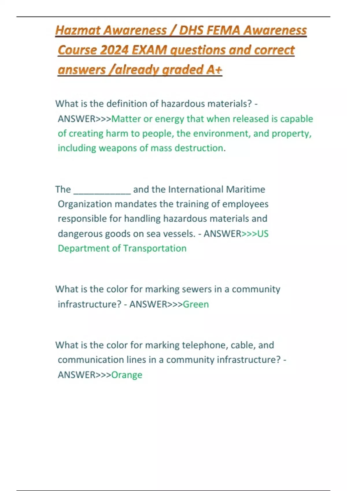 Hazmat Awareness / DHS FEMA Awareness Course 2024 EXAM questions and ...