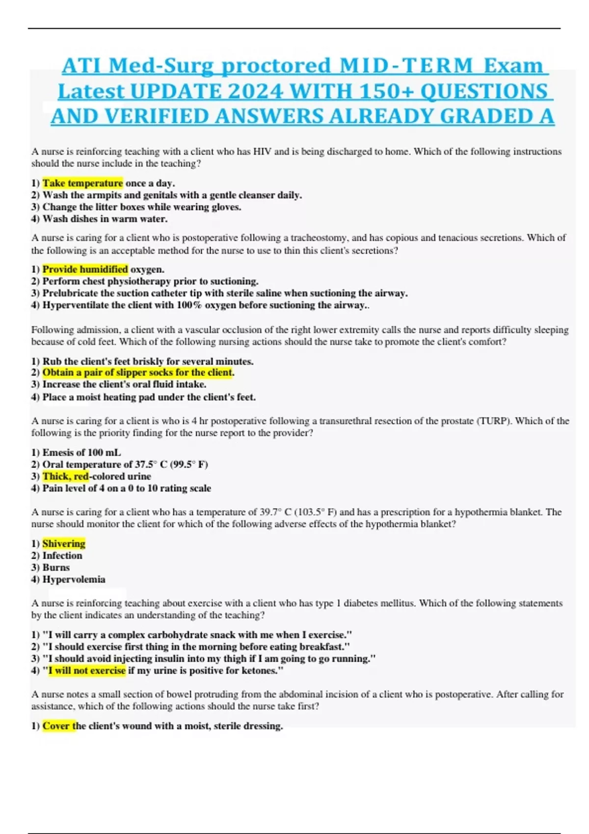 ATI Med-Surg proctored MID-TERM Exam Latest UPDATE 2024 WITH 150 ...