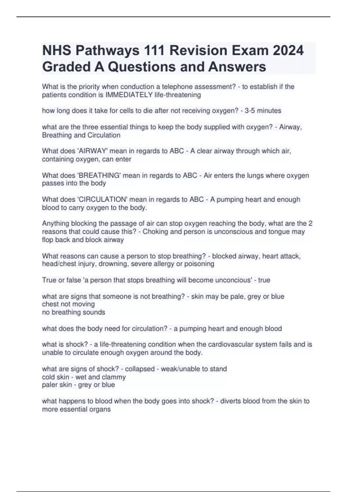 NHS Pathways 111 Revision Exam 2024 Graded A Questions and Answers - NHS Pathways 111 - Stuvia US