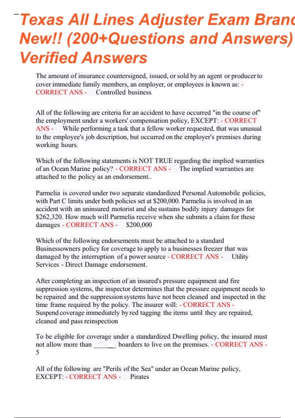 TEXAS ALL LINES ADJUSTER EXAM BRAND NEW!!(200+ QUESTIONS AND CORRECT ...