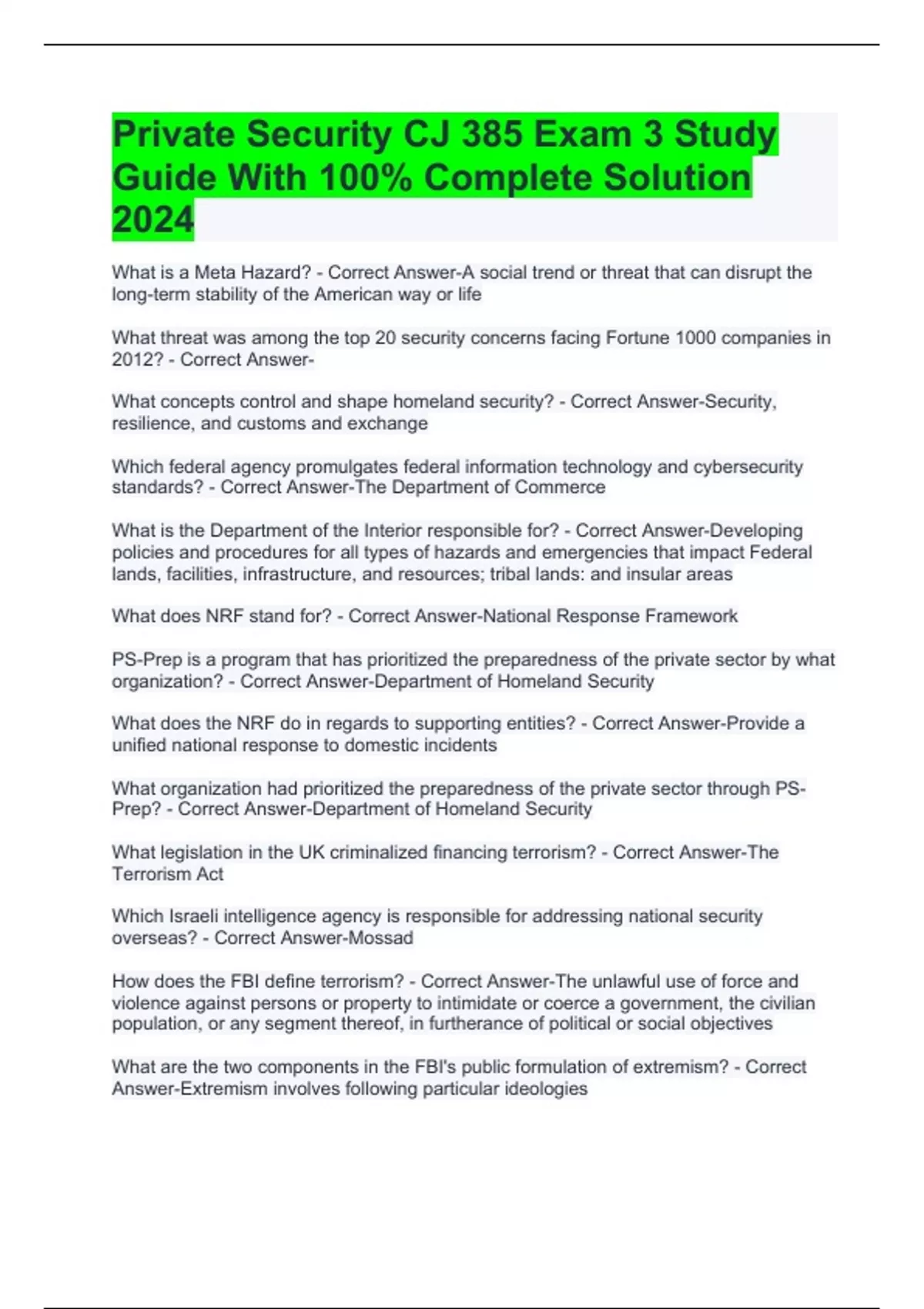 Private Security CJ 385 Exam 3 Study Guide With 100% Complete Solution 2024 - Private Security ...