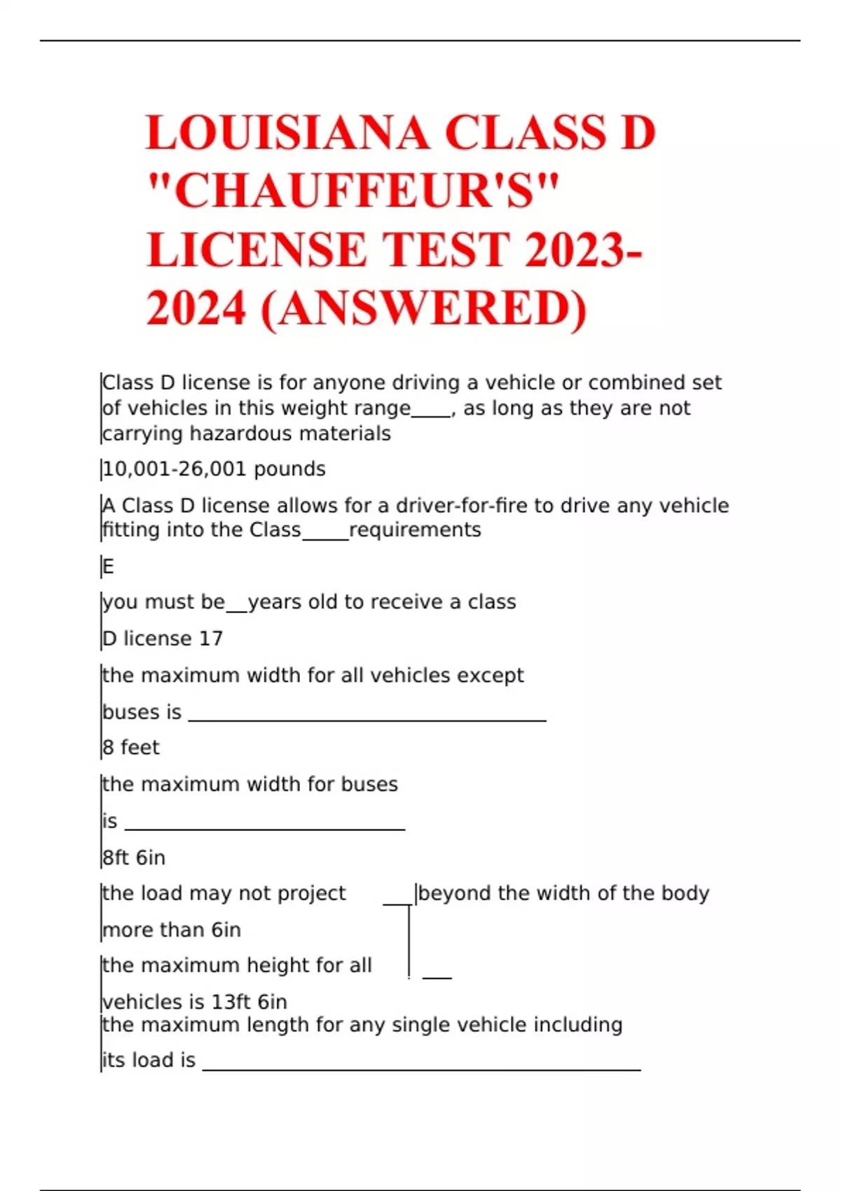 Louisiana Class D "Chauffeur's" License Test (Answered) - Louisiana ...