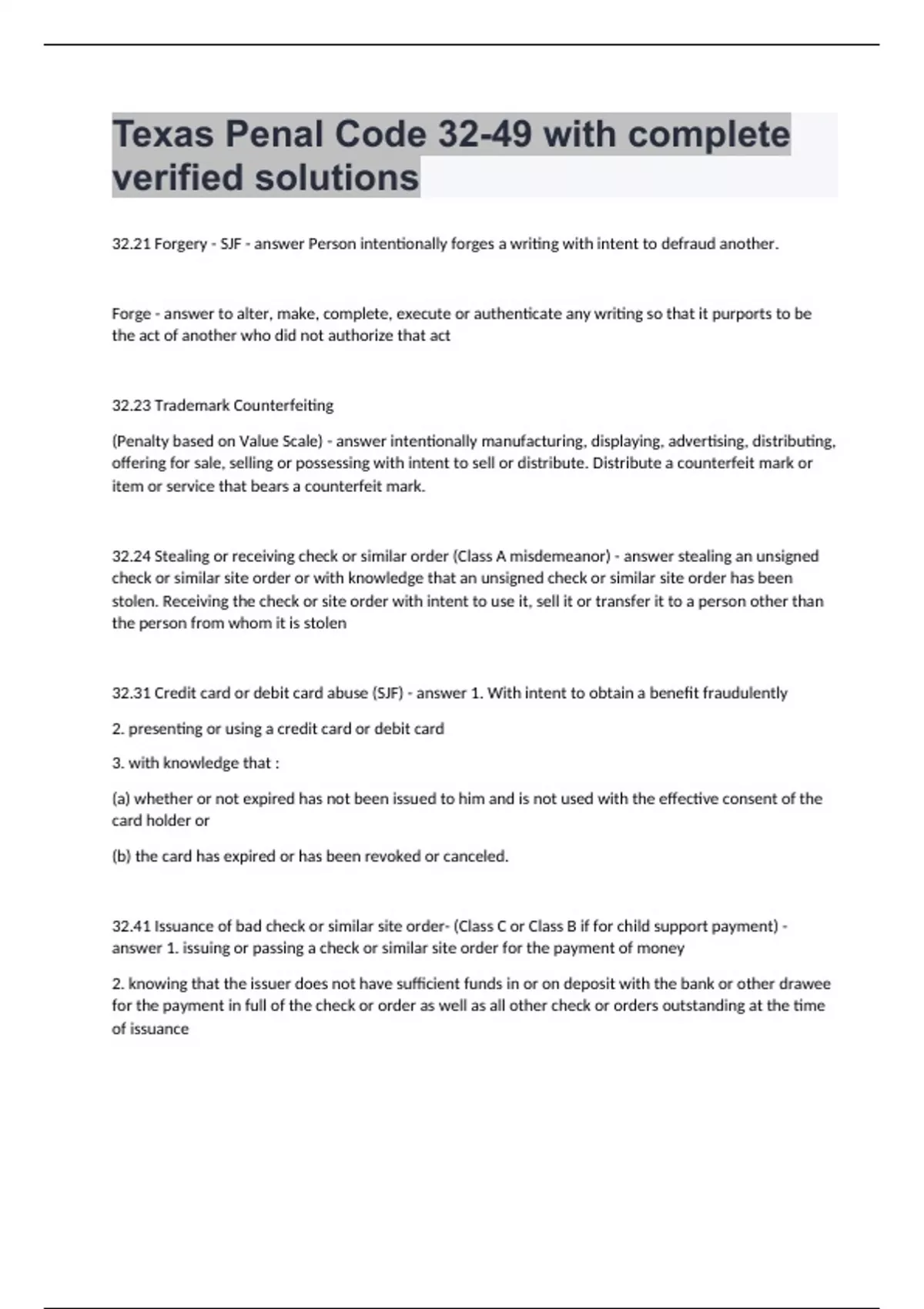 20 Hour Texas Law Module Exam with 100% correct answers 2024 latest ...