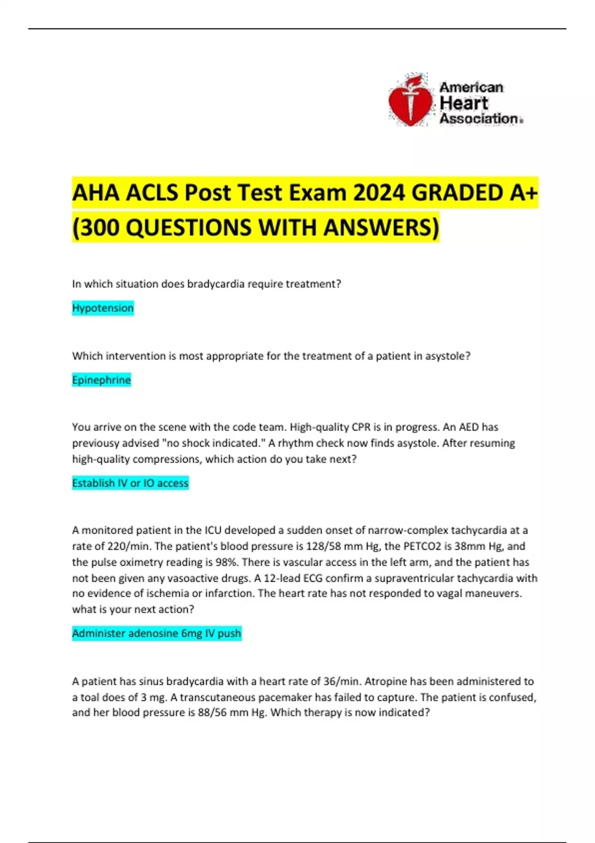 AHA ACLS Post Test Exam 2024 GRADED A 300 QUESTIONS WITH ANSWERS