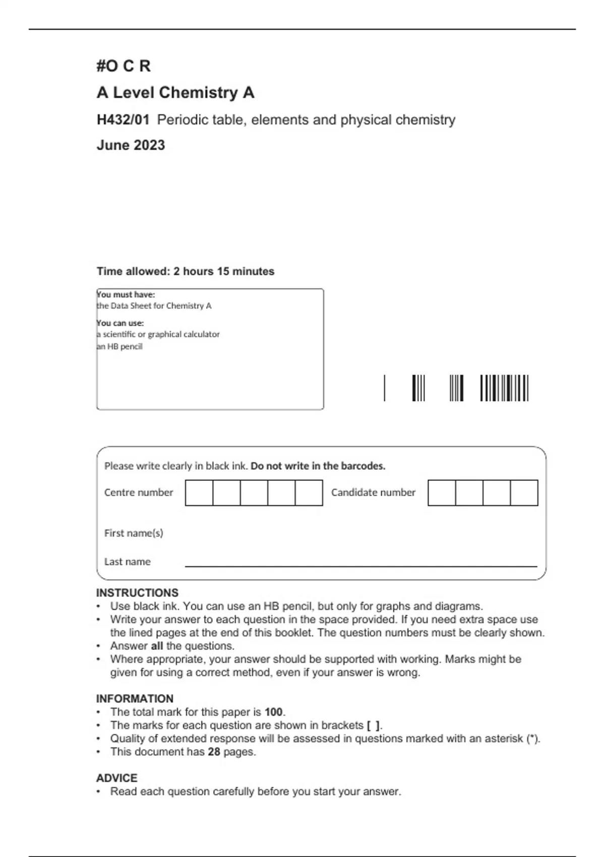 #O C R A Level Chemistry A H432/01 Periodic table, elements and ...