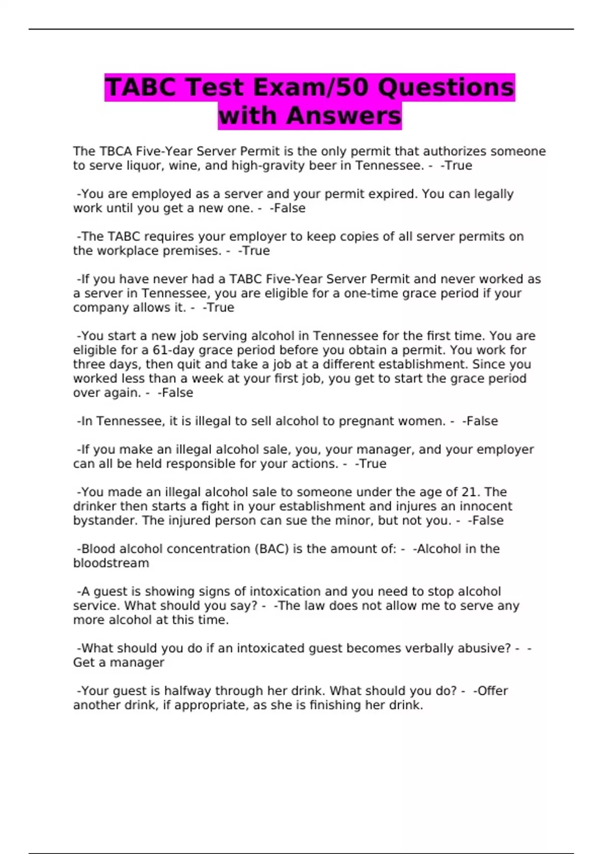 Tabc Test Exam 50 Questions With Answers Tabc Test Exam 50 Questions With Answers Stuvia Uk