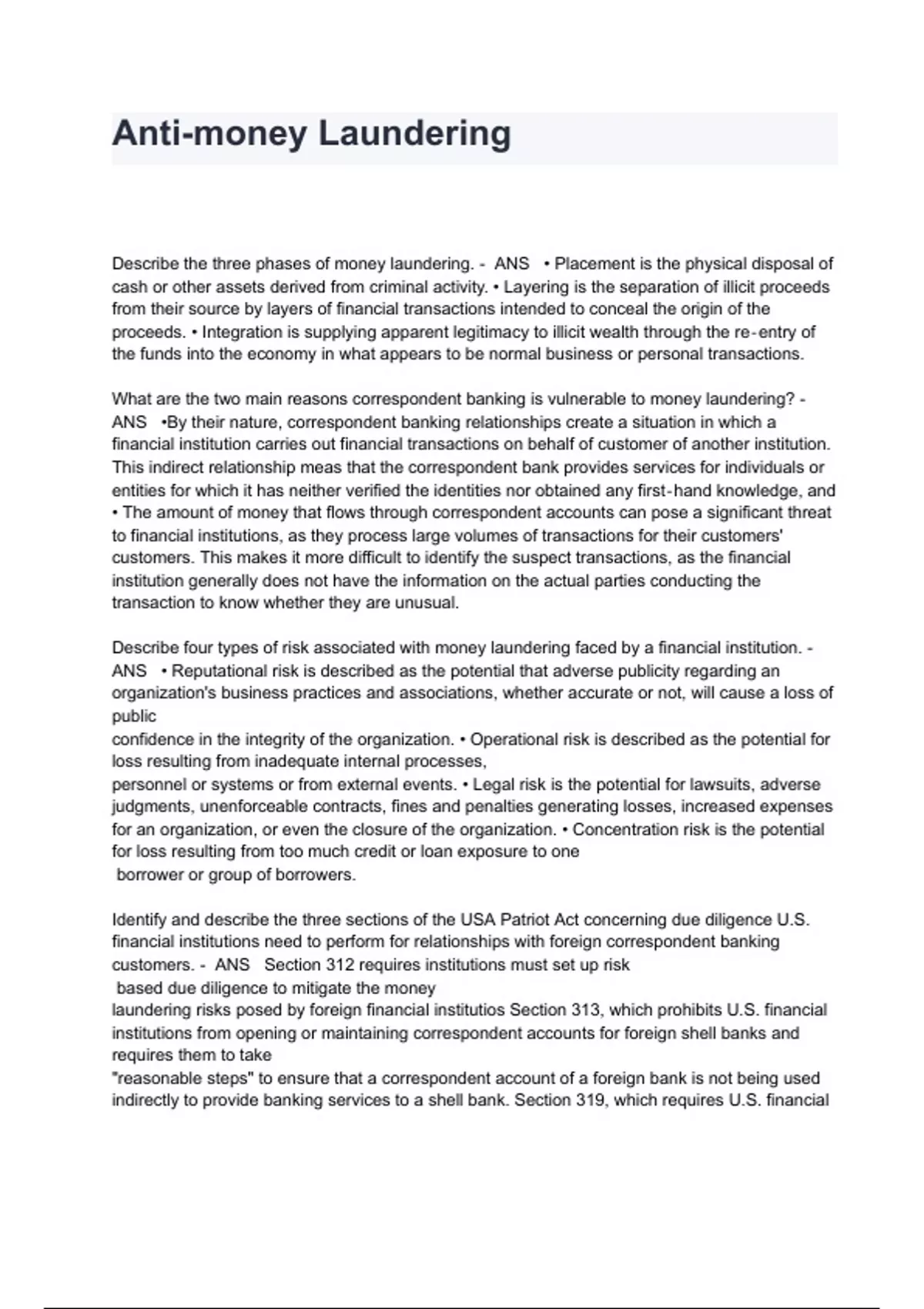 Anti-money Laundering Exam Questions And Answers - AMLS - Stuvia US