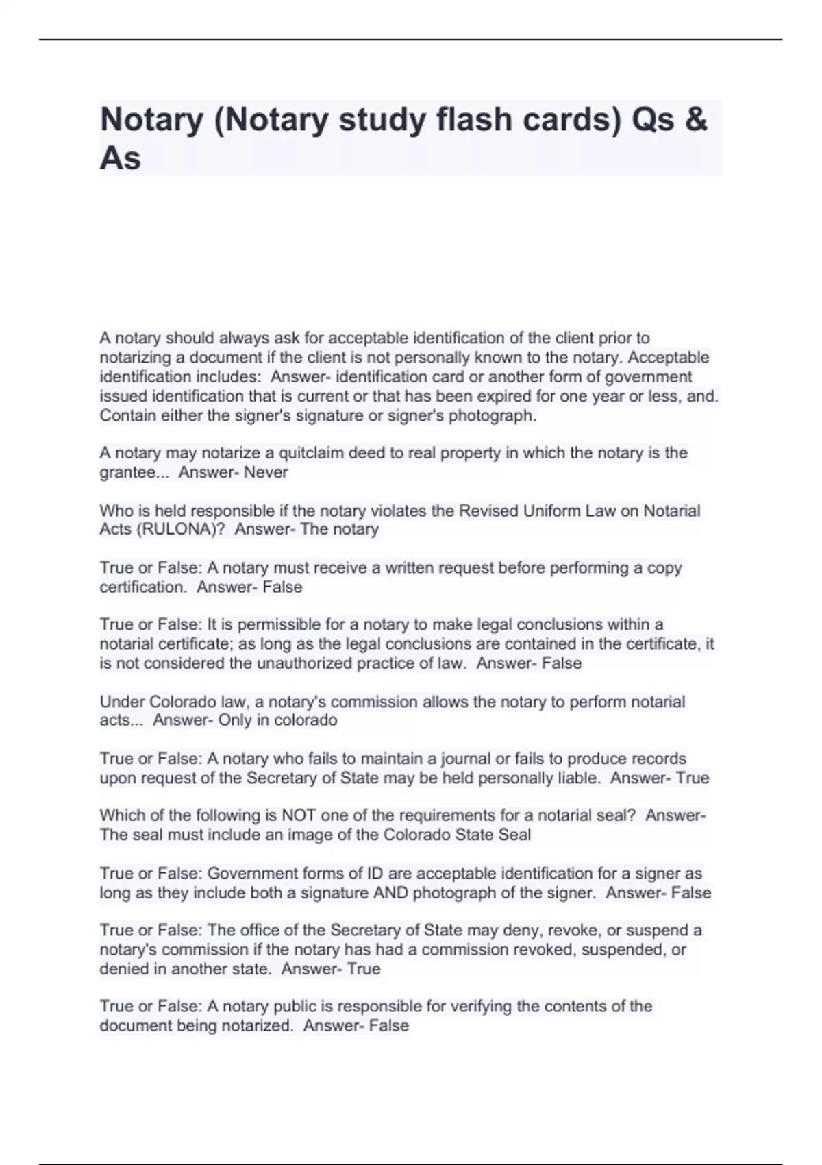 Notary (Notary study flash cards) Qs & As - Colorado notary - Stuvia US