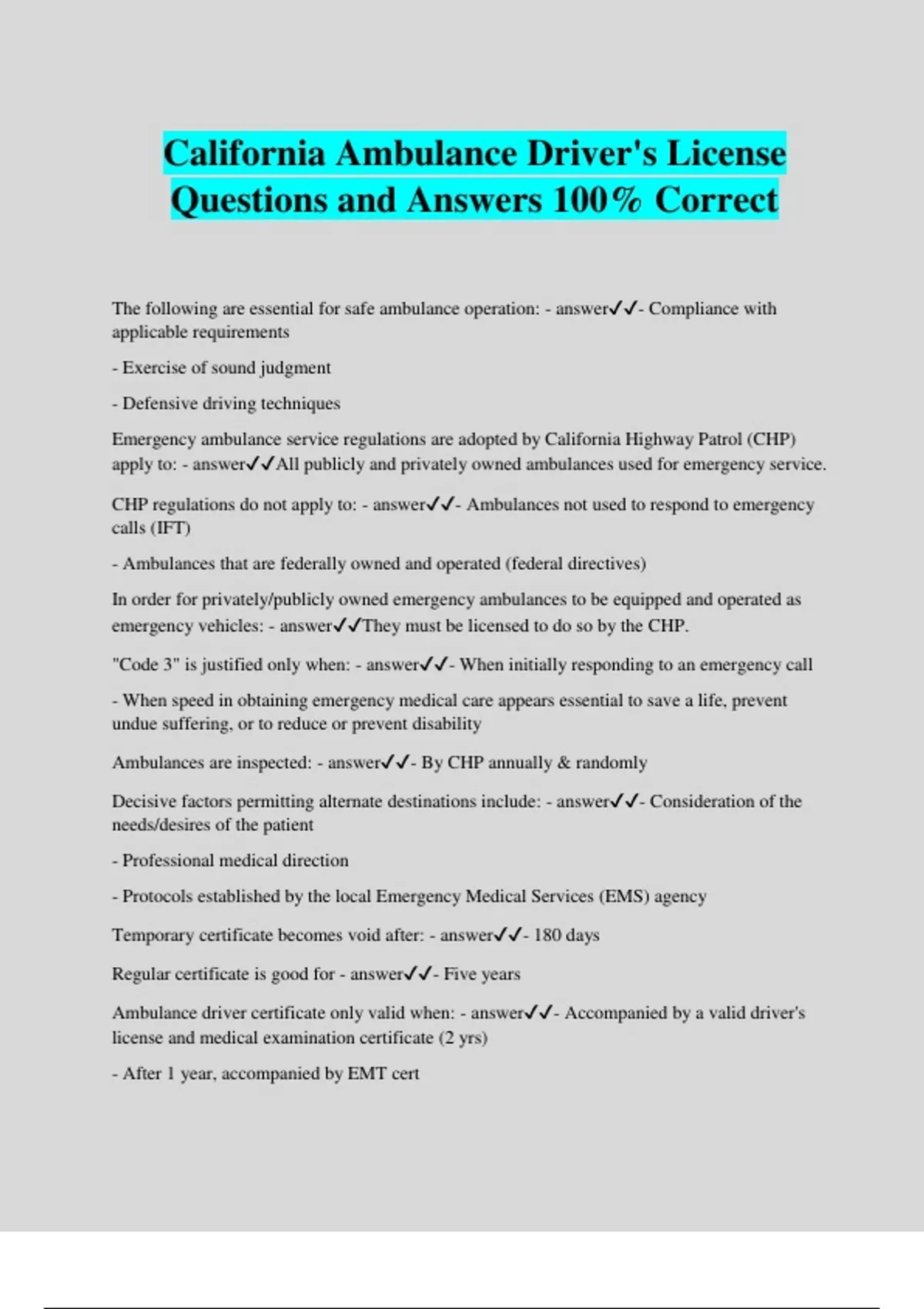 California Ambulance Driver's License Questions and Answers 100% ...