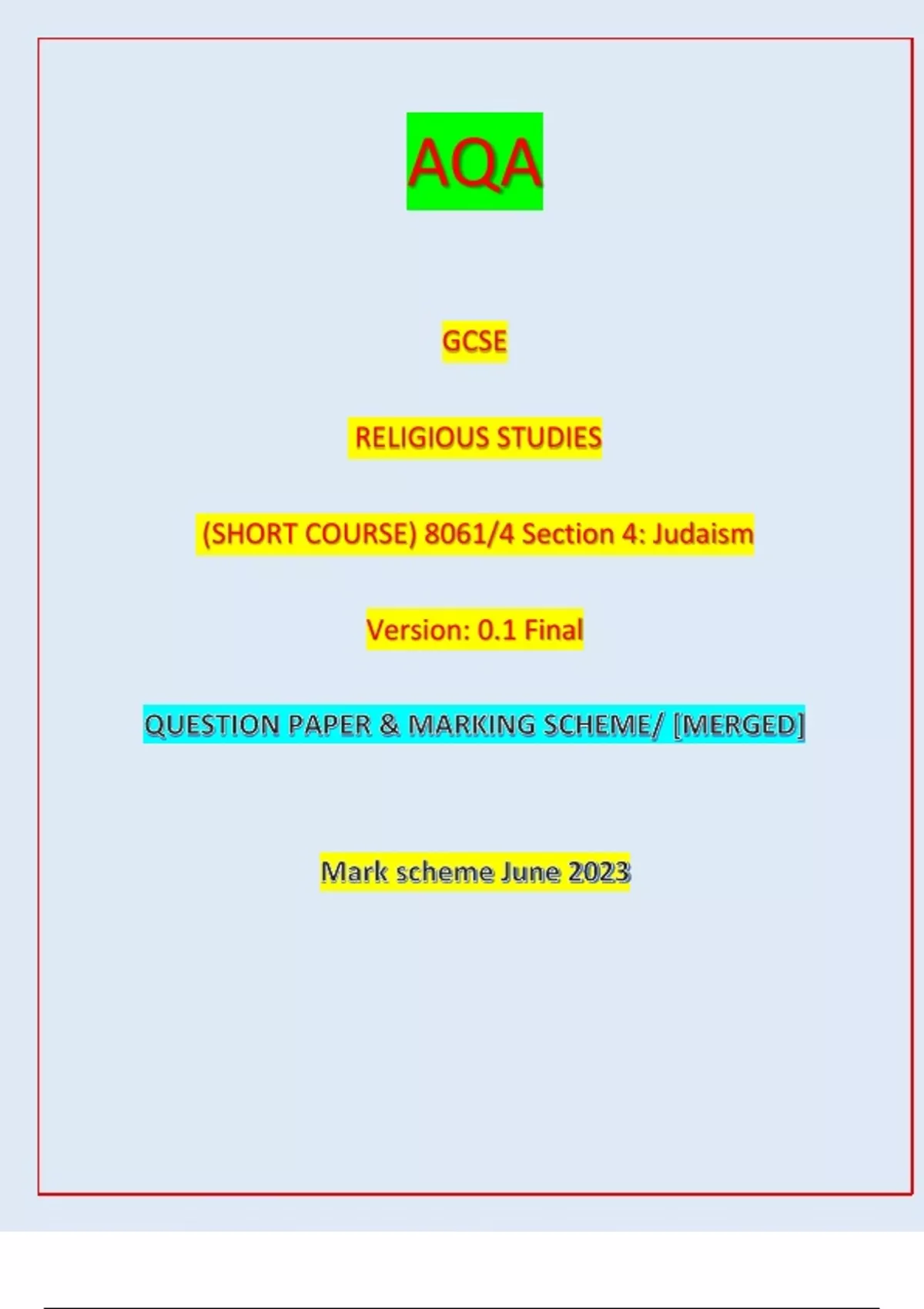 AQA GCSE RELIGIOUS STUDIES (SHORT COURSE) 8061/4 Section 4: Judaism ...