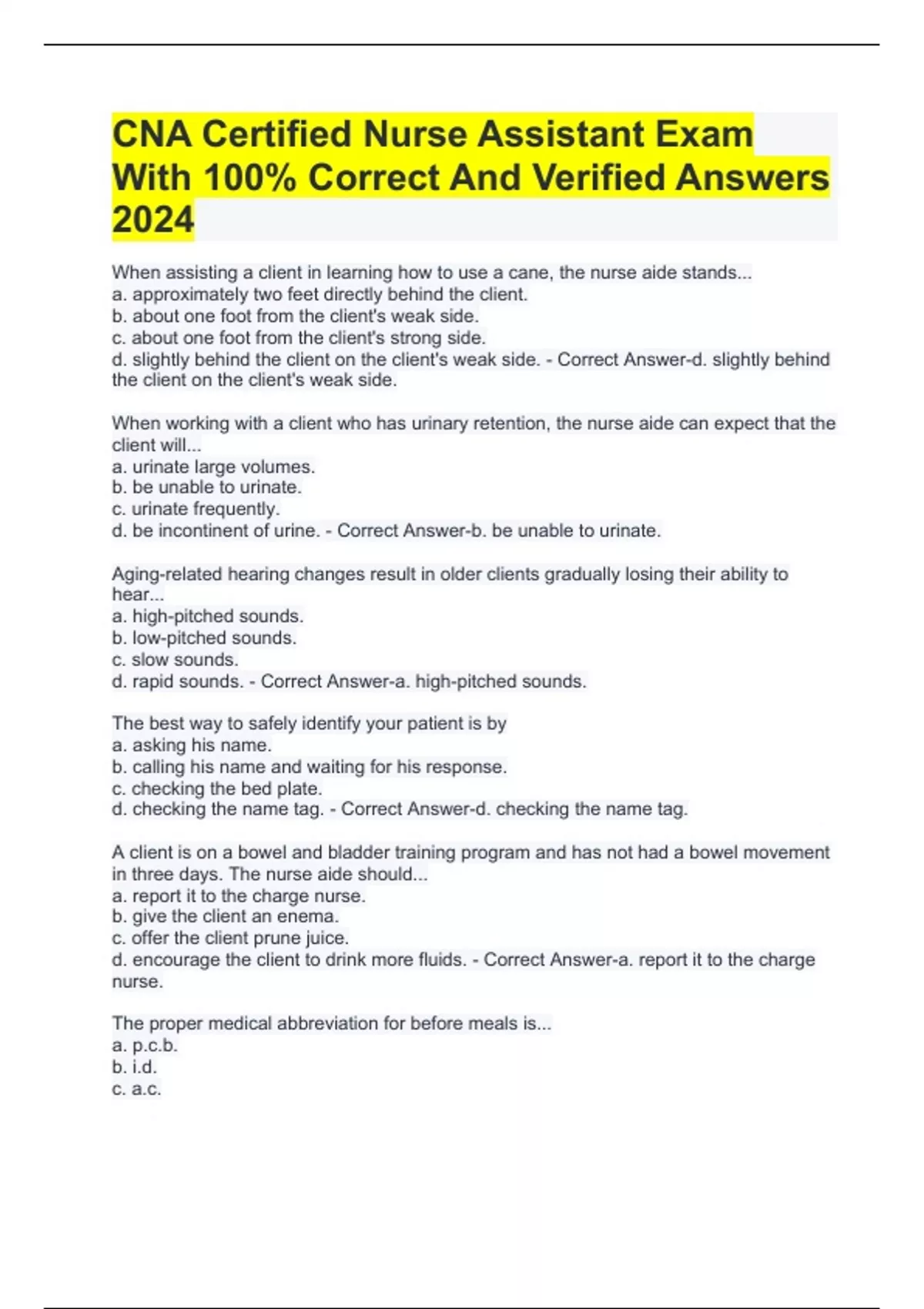 CNA Certified Nurse Assistant Exam With 100% Correct And Verified ...