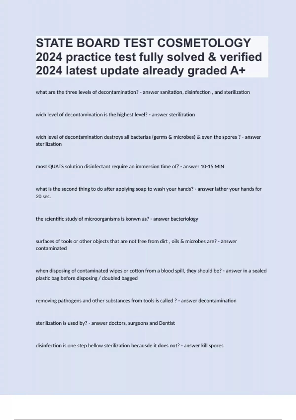 STATE BOARD TEST COSMETOLOGY 2024 practice test fully solved & verified ...