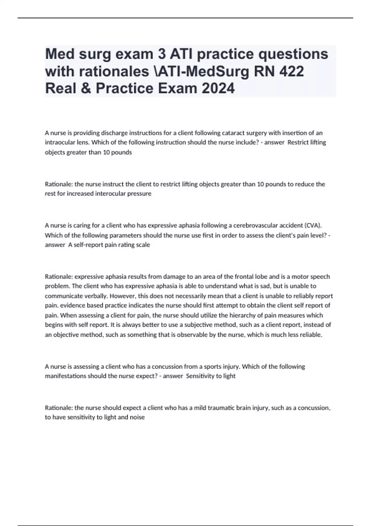 Med surg exam 3 ATI practice questions with rationales ATI-MedSurg RN ...