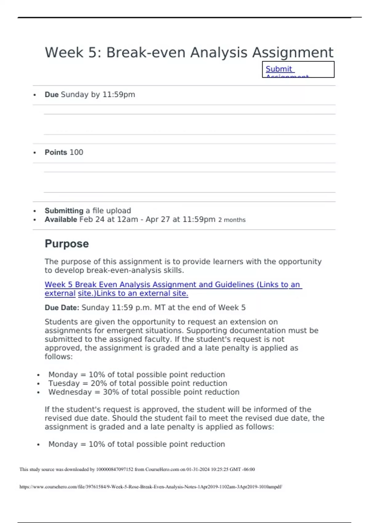 NR 533 Week 5 Assignment: Break-Even Analysis - MSN NR 533 - Stuvia US