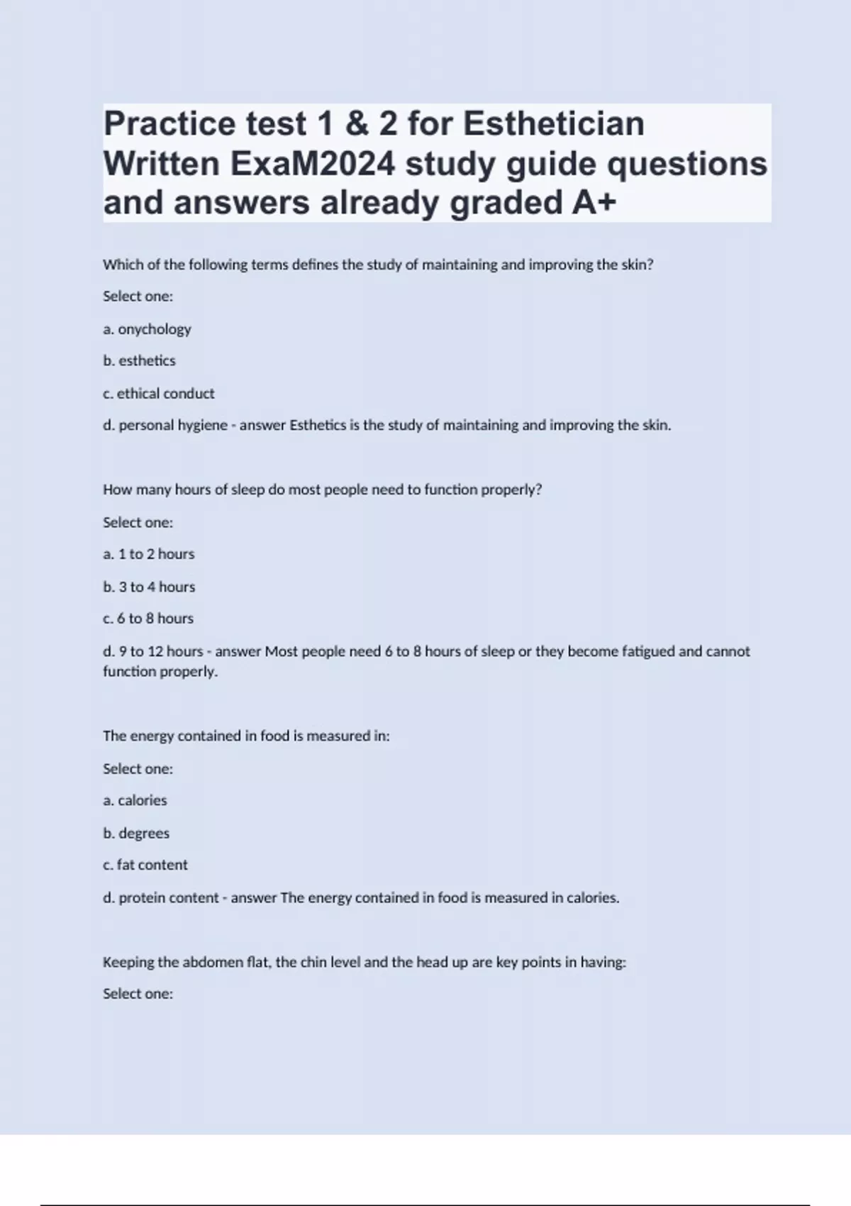 Practice test 1 & 2 for Esthetician Written ExaM2024 study guide ...