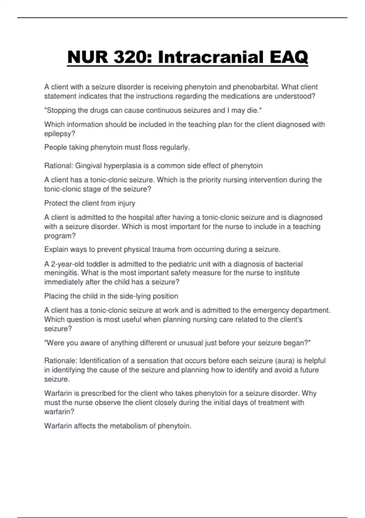 NUR 320 Intracranial EAQ questions with all the correct answers - NUR ...