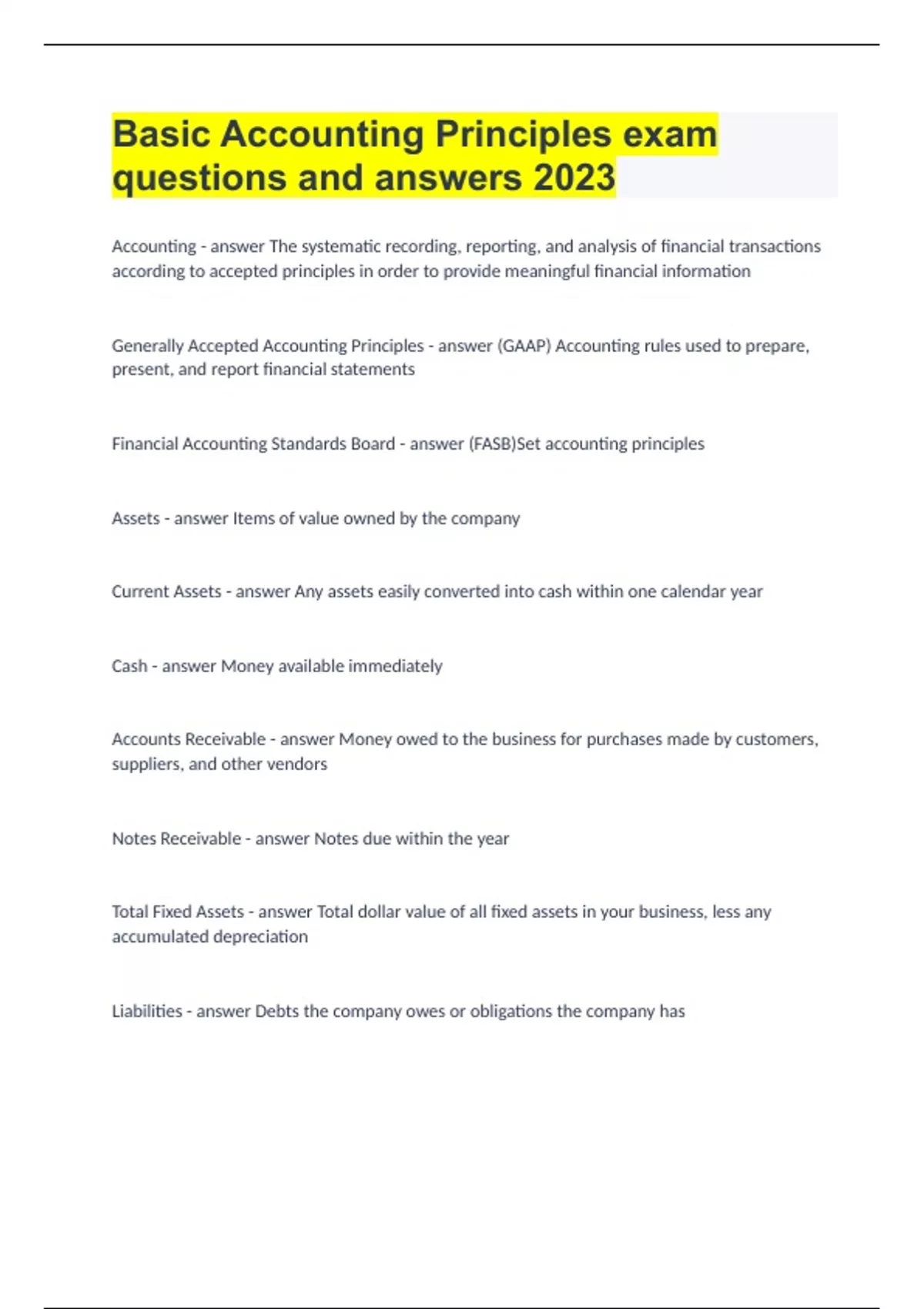 Basic Accounting Principles exam questions and answers 2023 ...