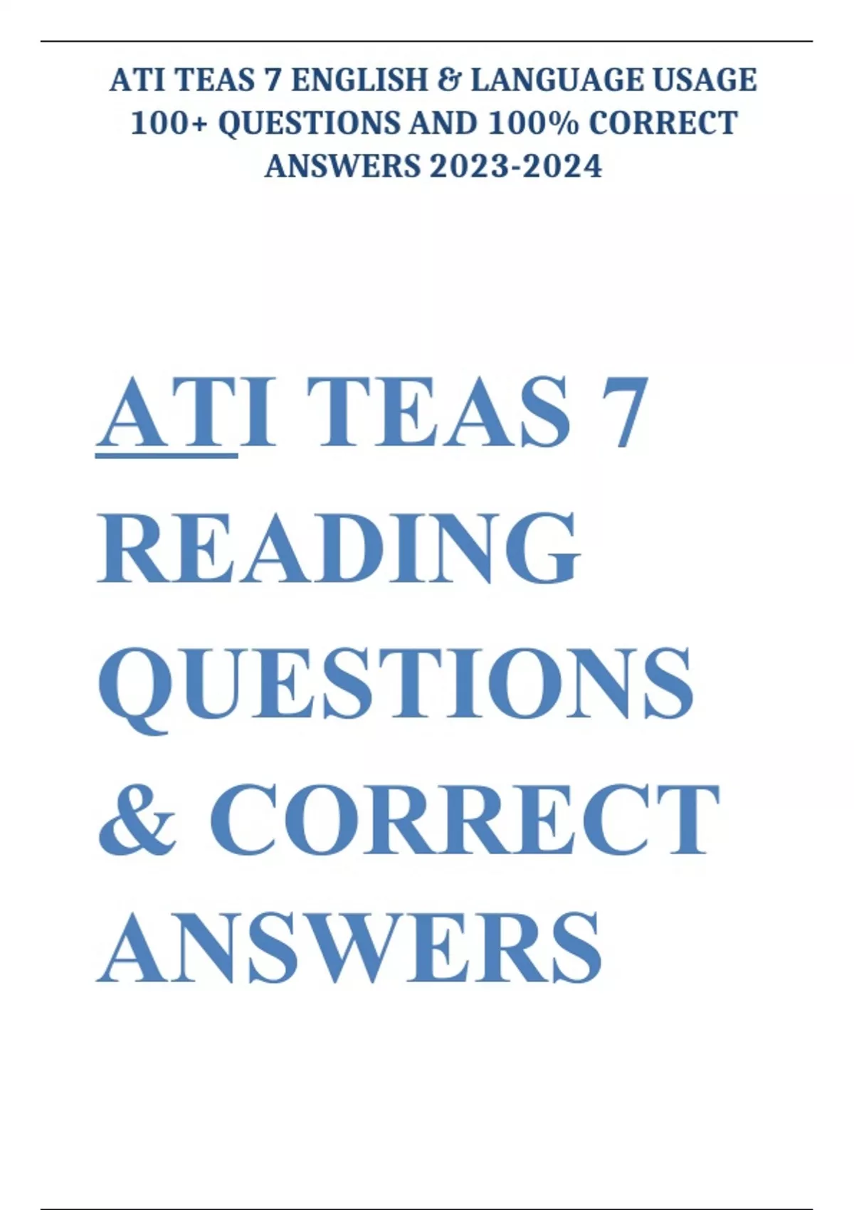 ATI TEAS 7 READING QUESTIONS & CORRECT ANSWERS LATEST 2024 UPDATE - ATI ...