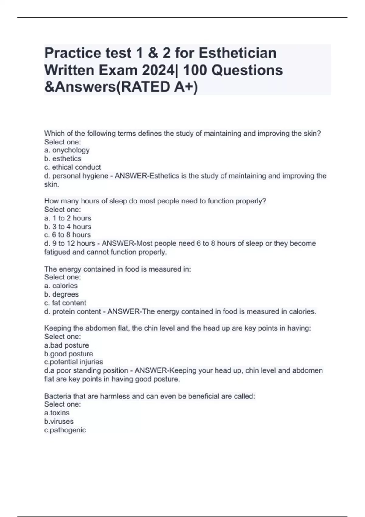 Practice test 1 & 2 for Esthetician Written Exam 2024| 100 Questions ...