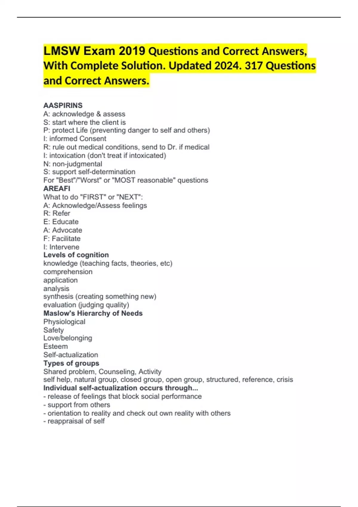 LMSW Exam 2019 Questions and Correct Answers, With Complete Solution ...