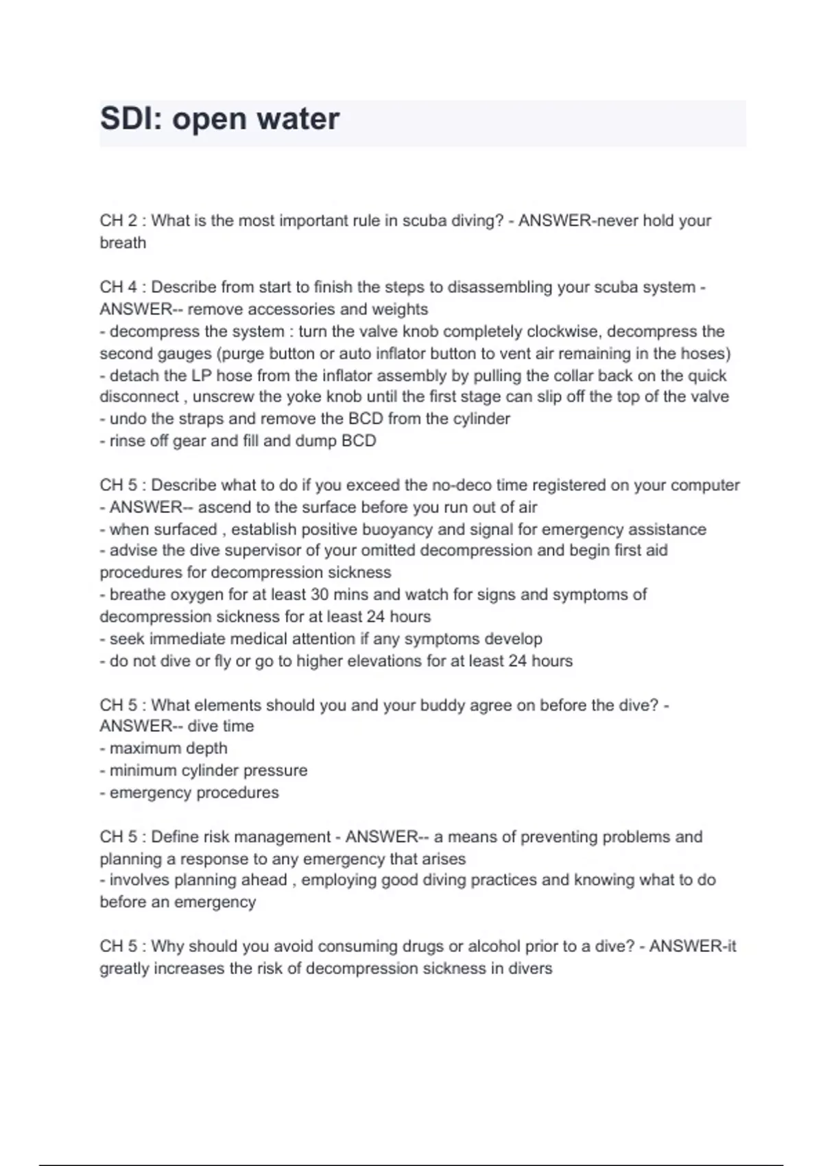 SDI: open water-exam questions with correct answers - SDI: open water - Stuvia US