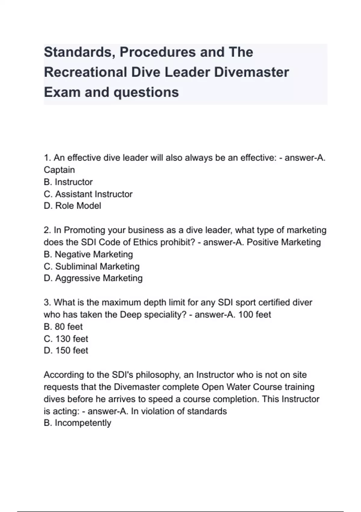 Standards, Procedures and The Recreational Dive Leader Divemaster Exam ...