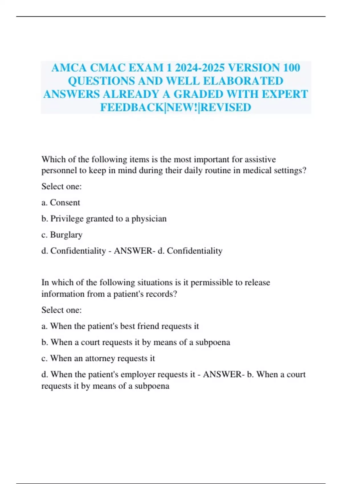 AMCA CMAC EXAM VERSION 100 QUESTIONS AND WELL ELABORATED ANSWERS ALREADY A GRADED WITH EXPERT ...