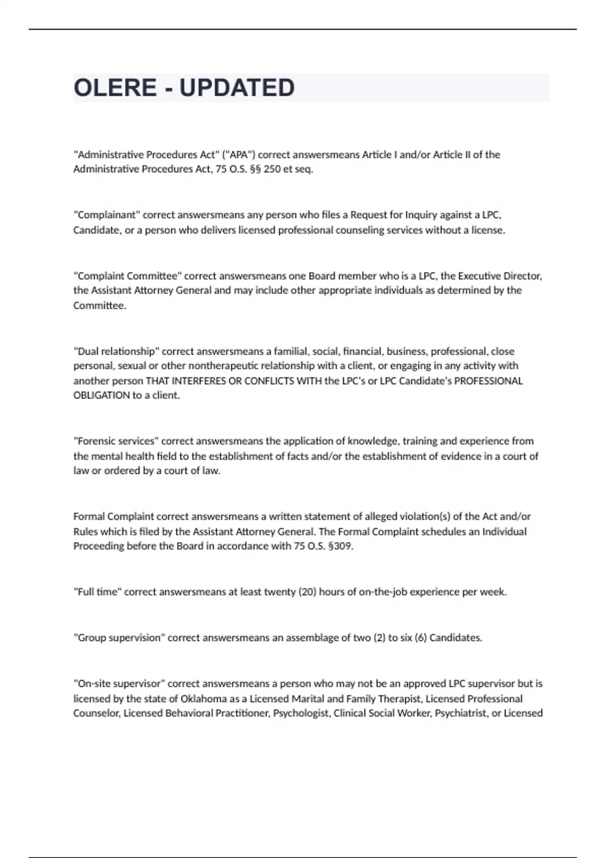 OLERE - UPDATED EXAM 2024 WITH 100% COMPLETE SOLUTIONS - OLERE ...