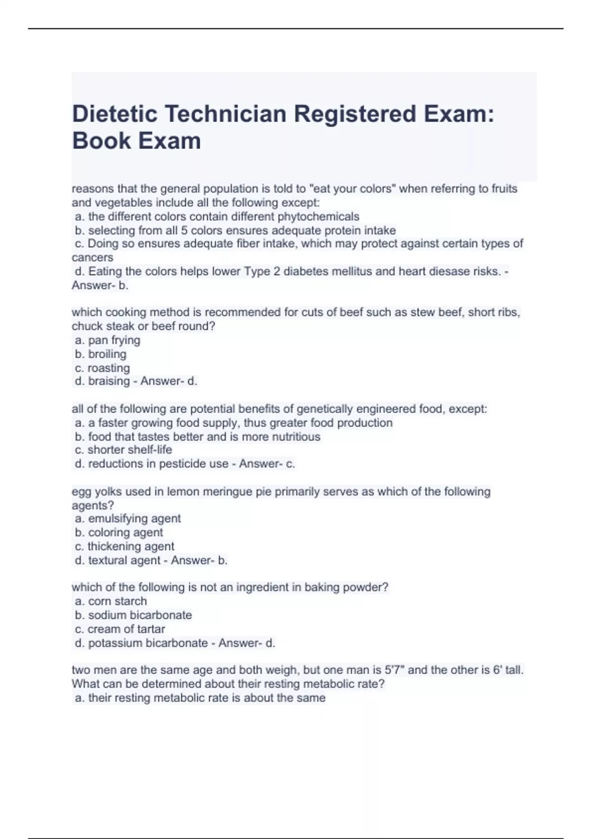 Dietetic Technician Registered Exam Book Exam 2024 - Dietetic - Stuvia US