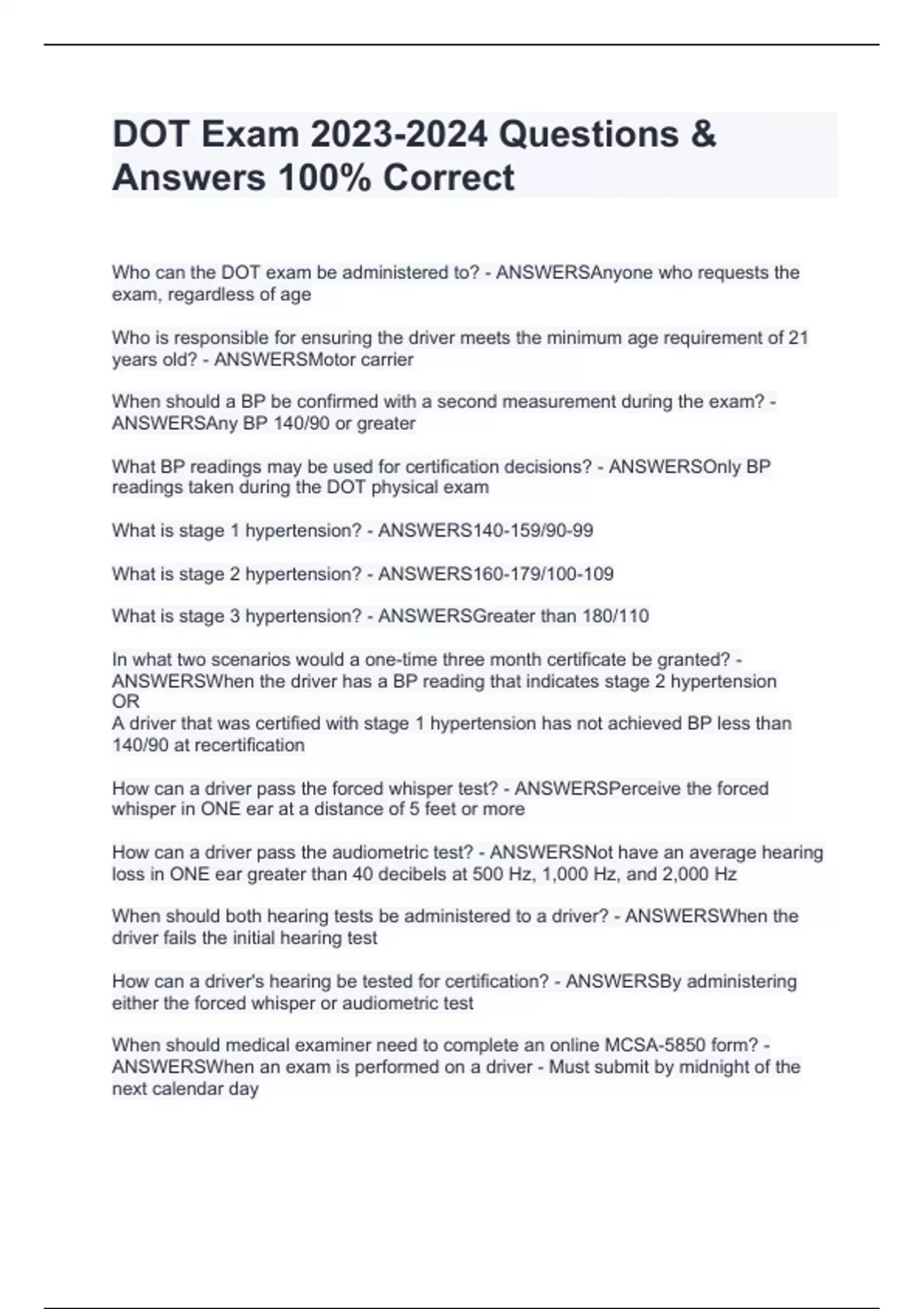 DOT Exam Questions & Answers 100% Correct - Dot - Stuvia UK