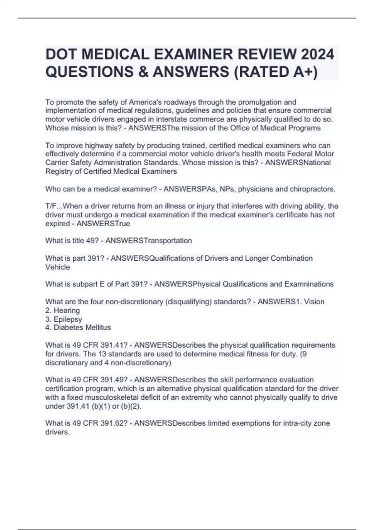 DOT MEDICAL EXAMINER REVIEW 2024 QUESTIONS & ANSWERS (RATED A+) - Dot ...