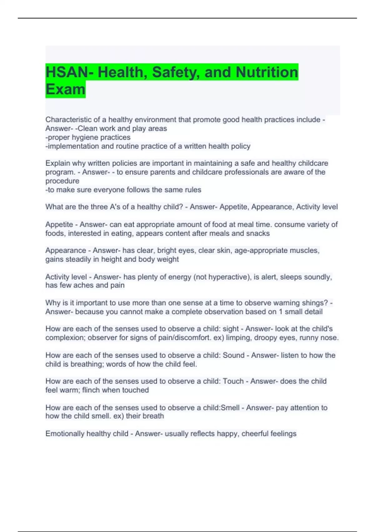 HSAN- Health, Safety, and Nutrition Exam 2024 Questions and Answers - HSAN DCF - Stuvia US