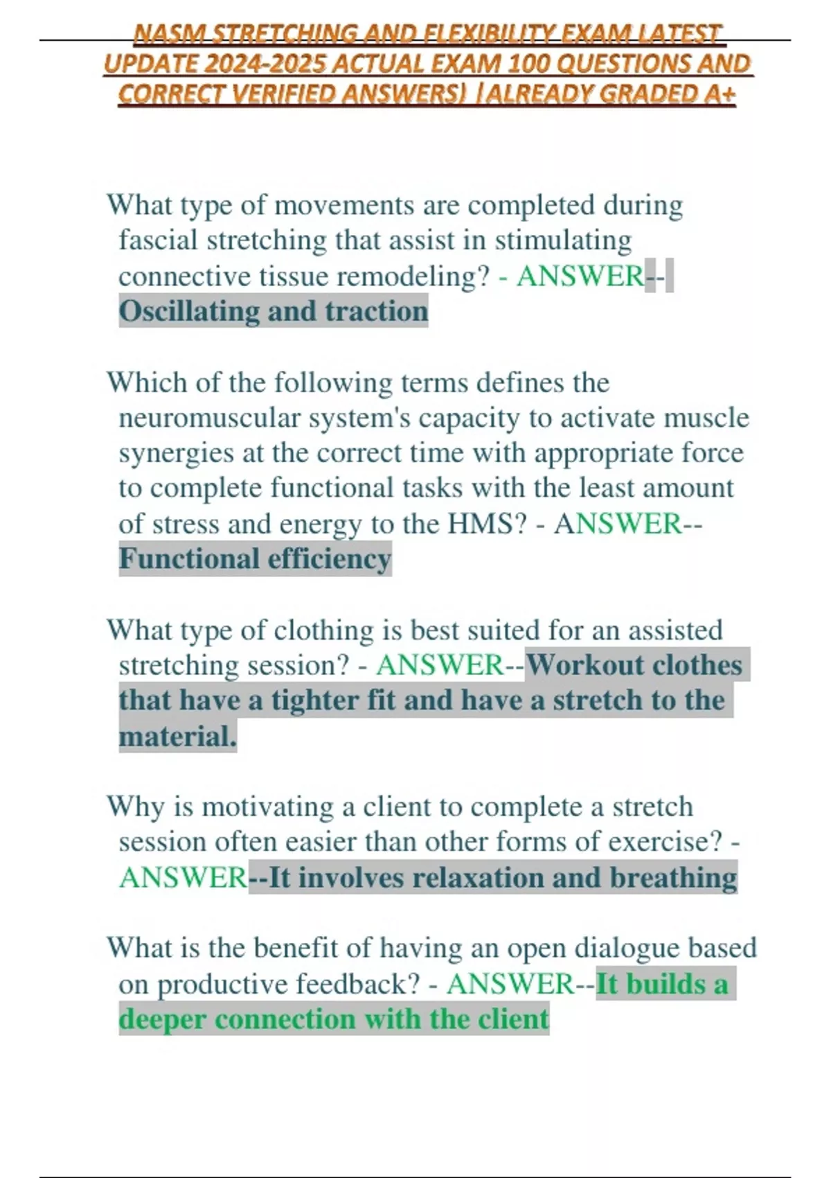 NASM STRETCHING AND FLEXIBILITY EXAM LATEST UPDATE ACTUAL EXAM 100 ...