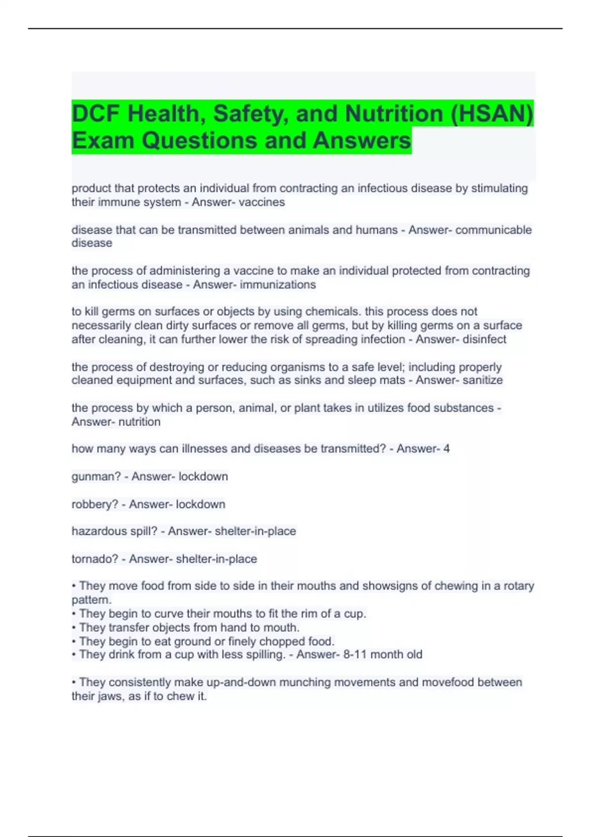 DCF Health, Safety, and Nutrition (HSAN) Exam Questions and Answers ...