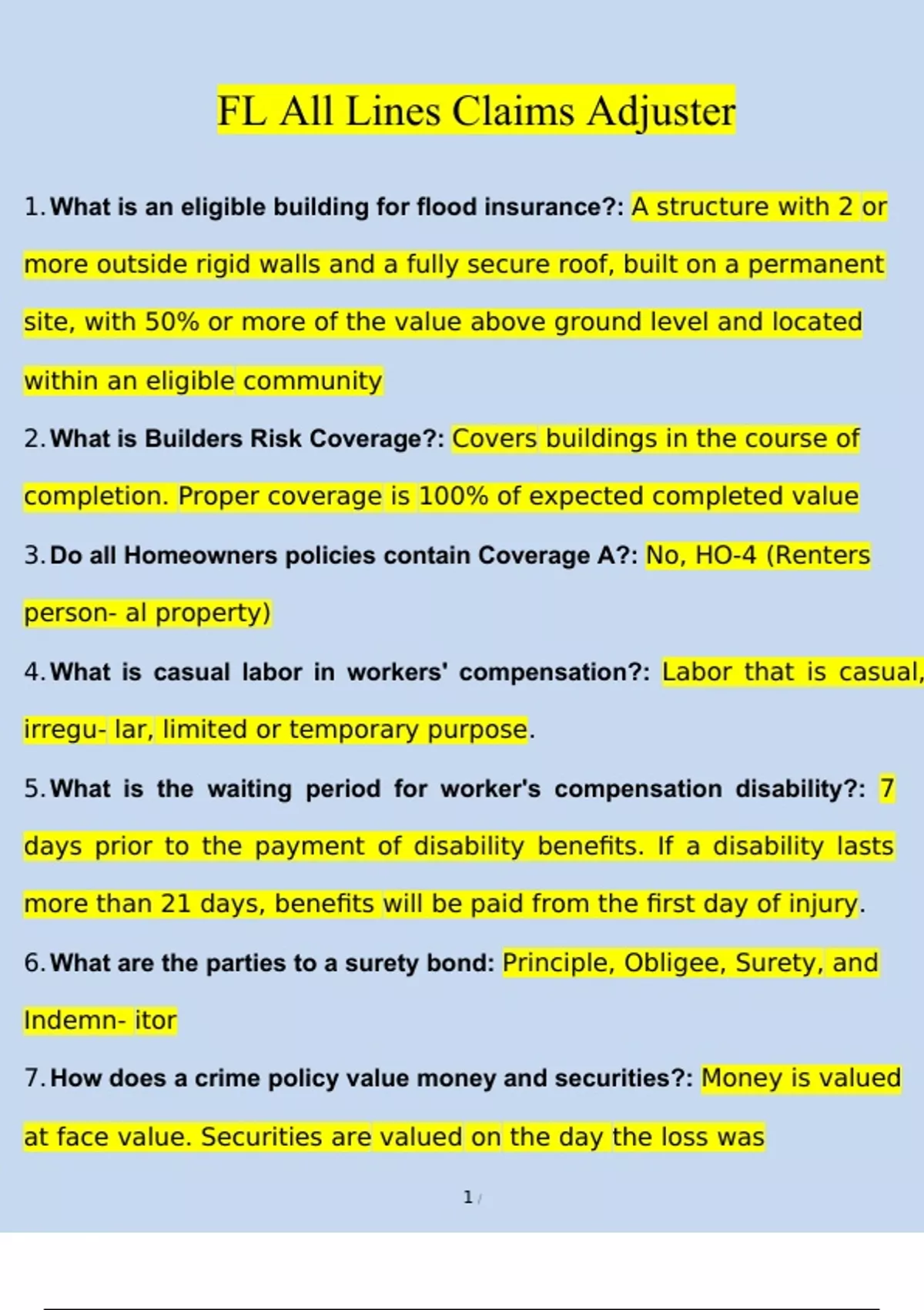 Florida All Lines Claims Adjuster Exam 2025 | Newest Questions with 100 ...