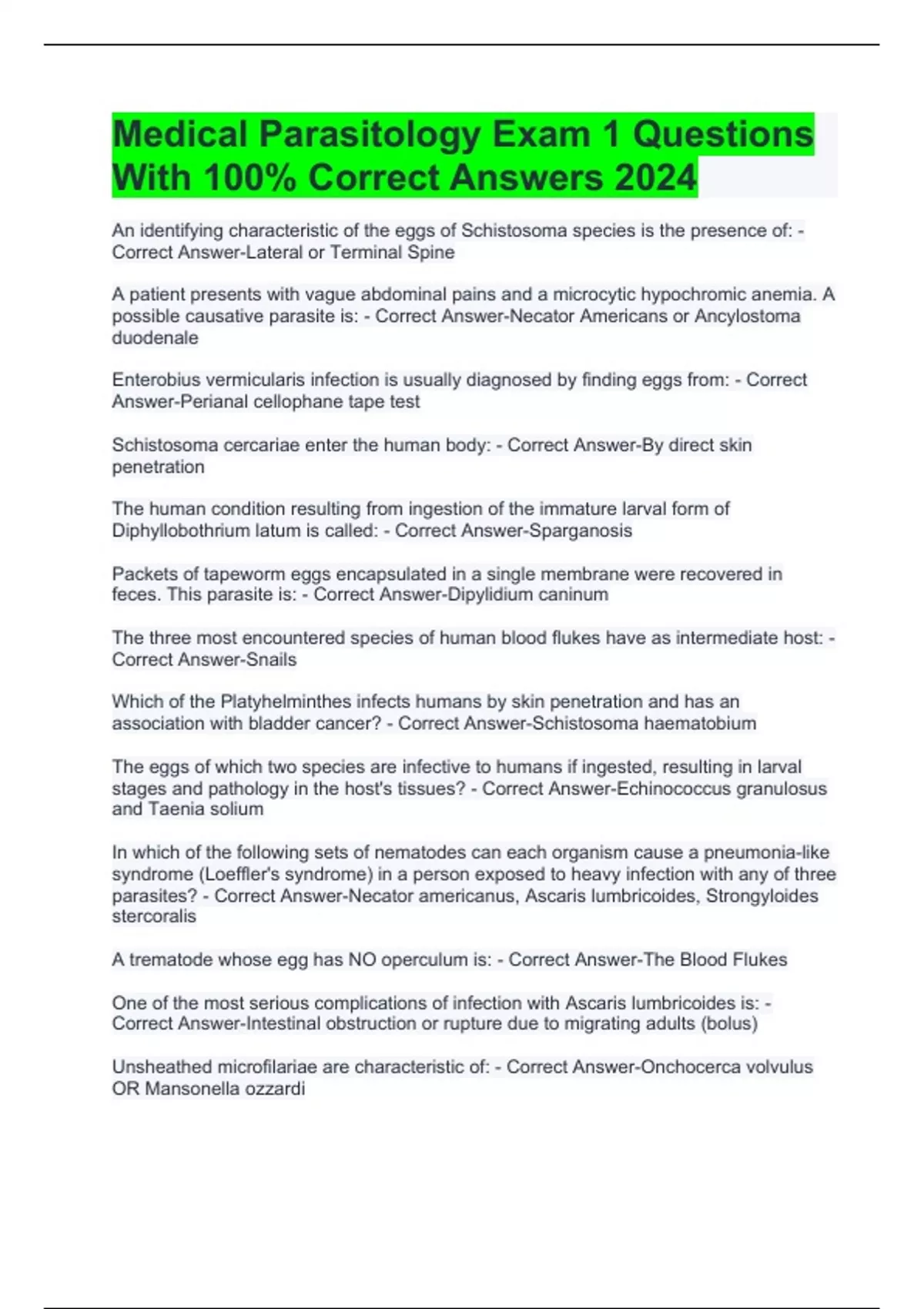 Medical Parasitology Exam 1 Questions With 100% Correct Answers 2024 - Medical Parasitology ...