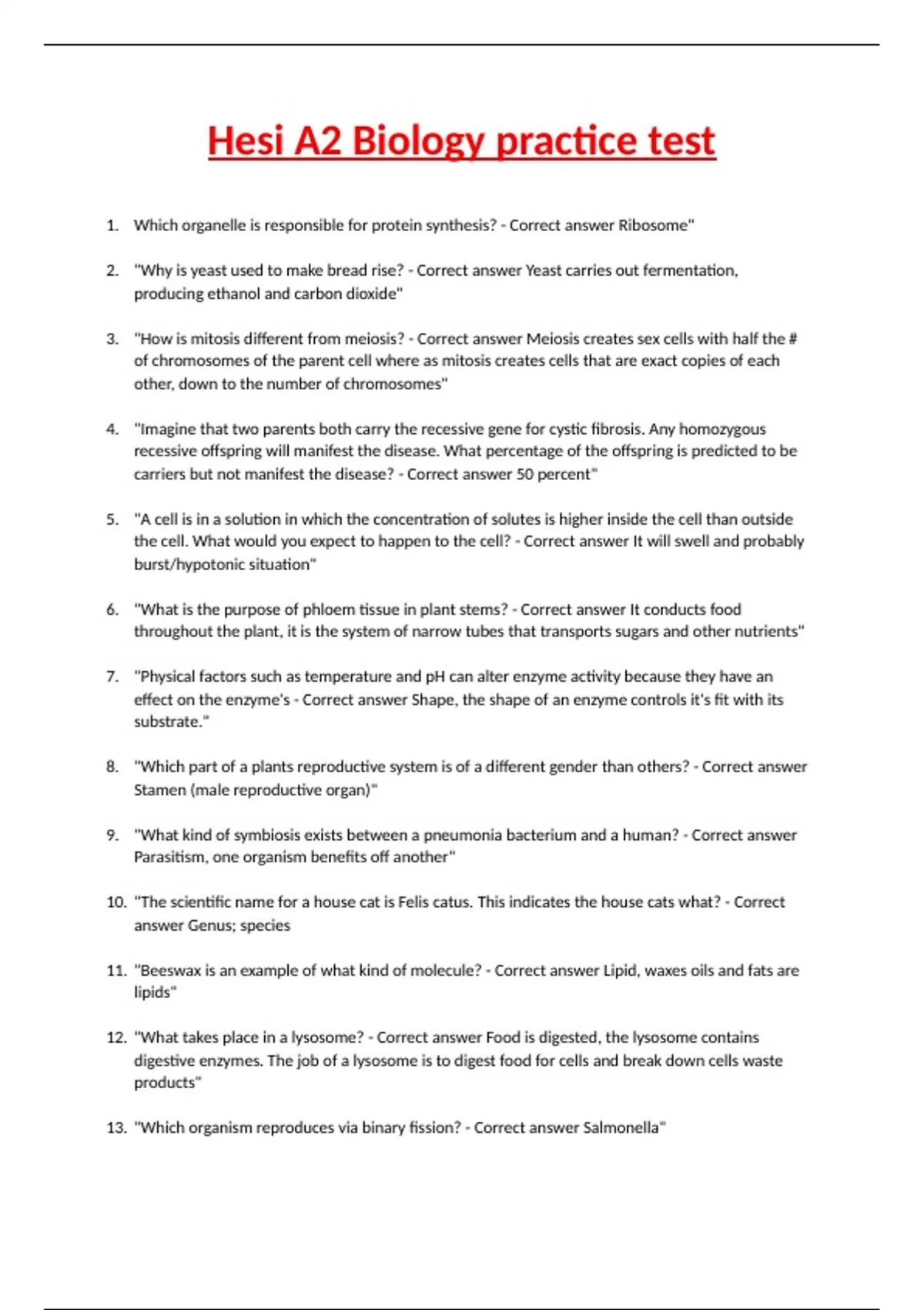 Hesi A2 Biology practice test questions with correct and verified ...