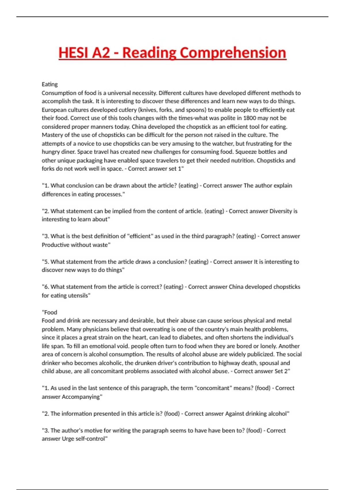 HESI A2 - Reading Comprehension questions with detailed answers. Graded ...