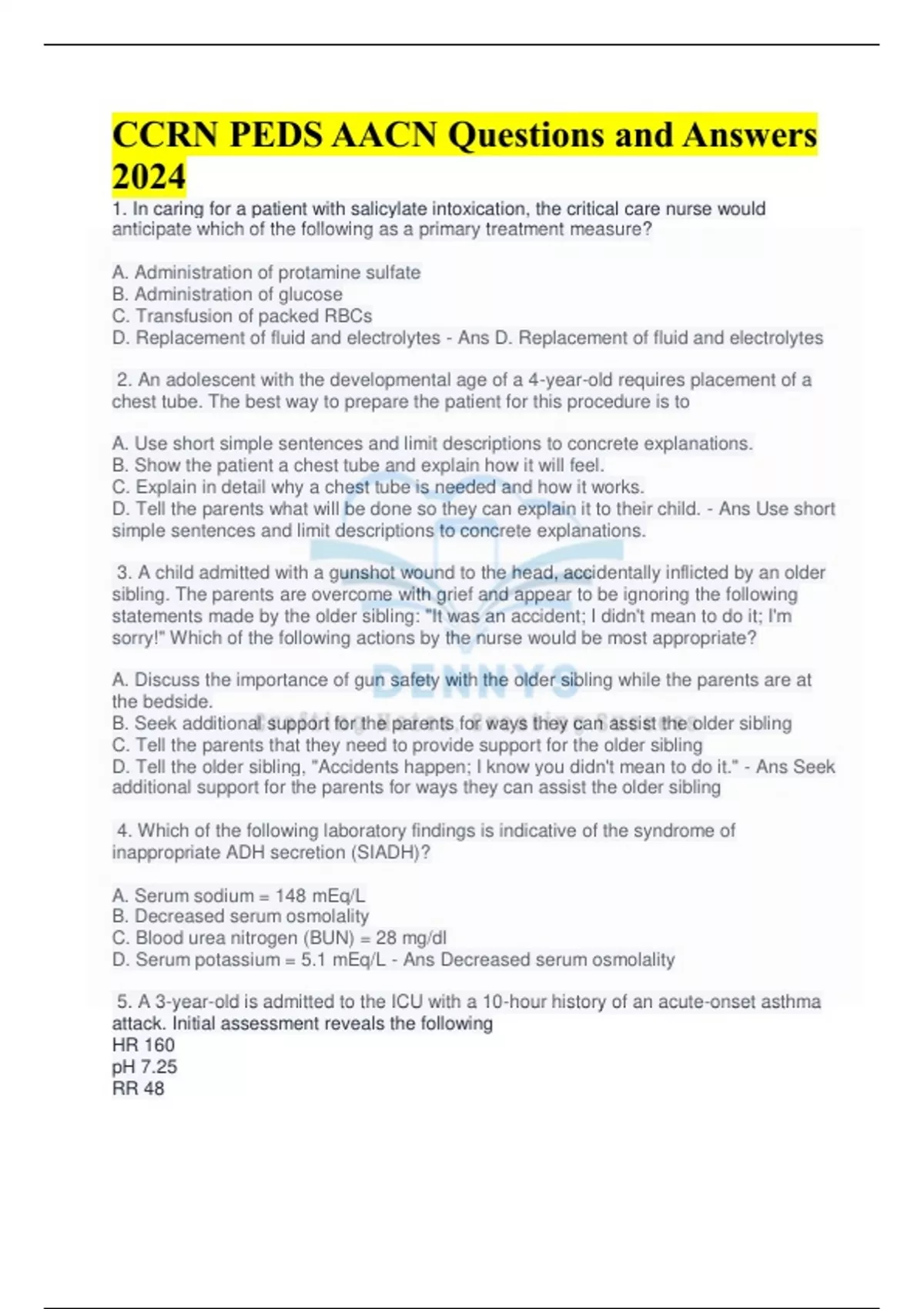 CCRN PEDS AACN Questions and Answers 100% Accuracy (Latest 2024) - CCRN ...