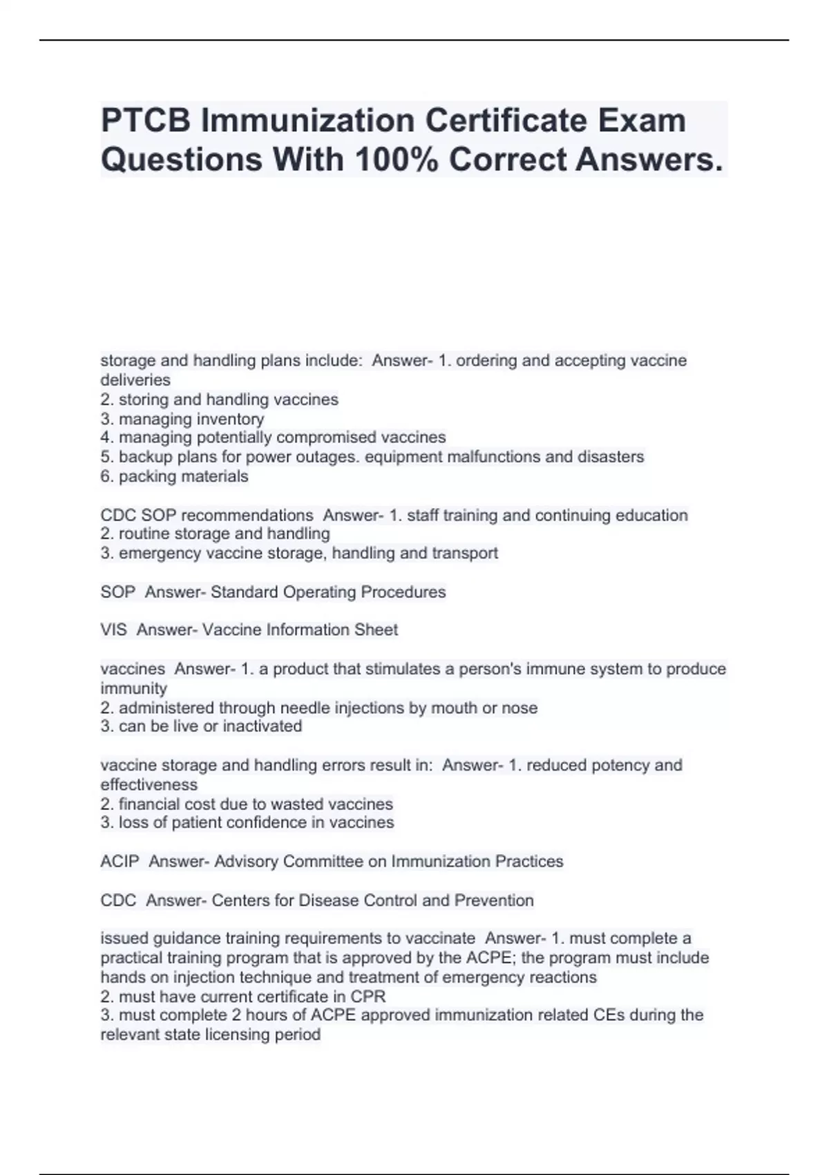 PTCB Immunization Certificate Exam Questions With 100% Correct Answers ...